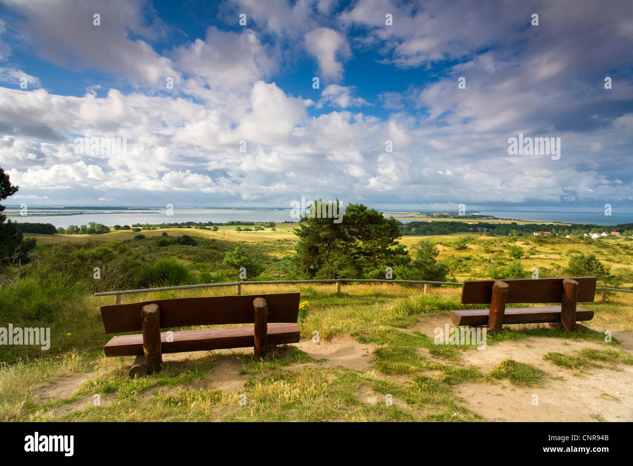 coastal landscape with benches on Hiddensee, Germany, Mecklenburg ...