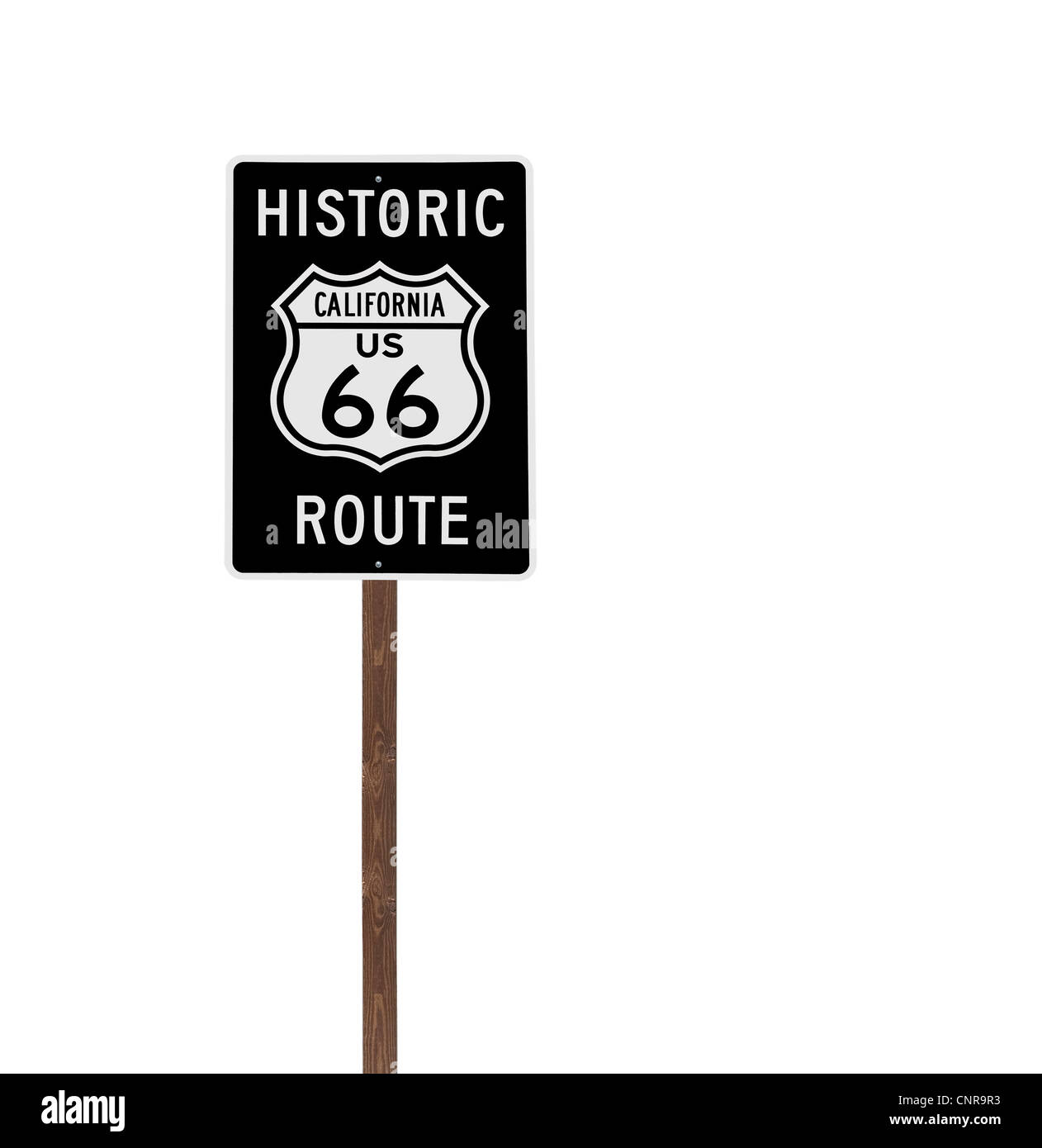 Tall isolated historic route 66 sign on a wood post Stock Photo - Alamy