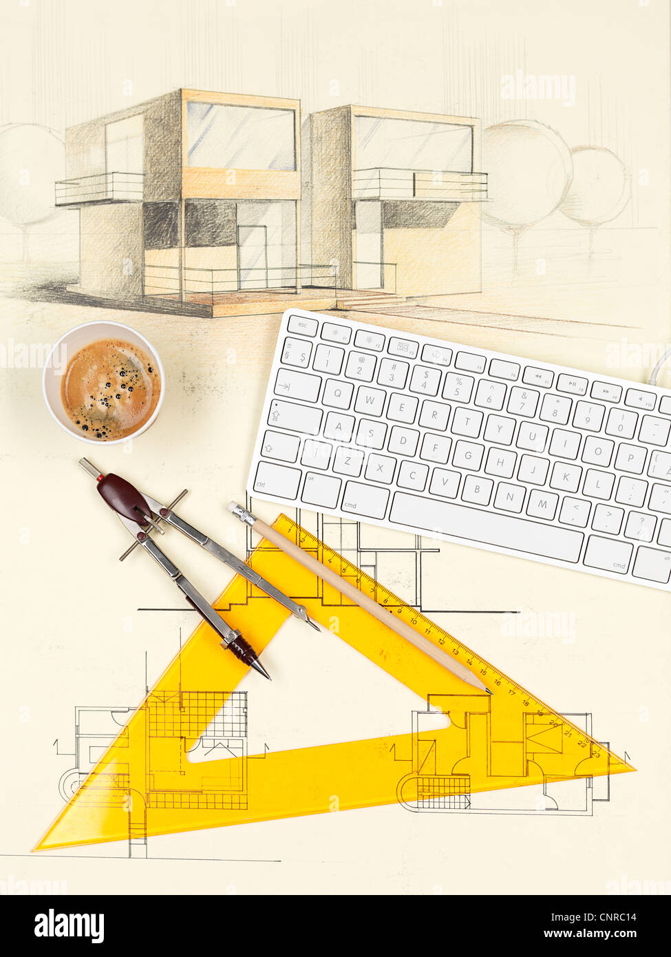 architectural blueprint of modern house, with computer keyboard, coffee ...