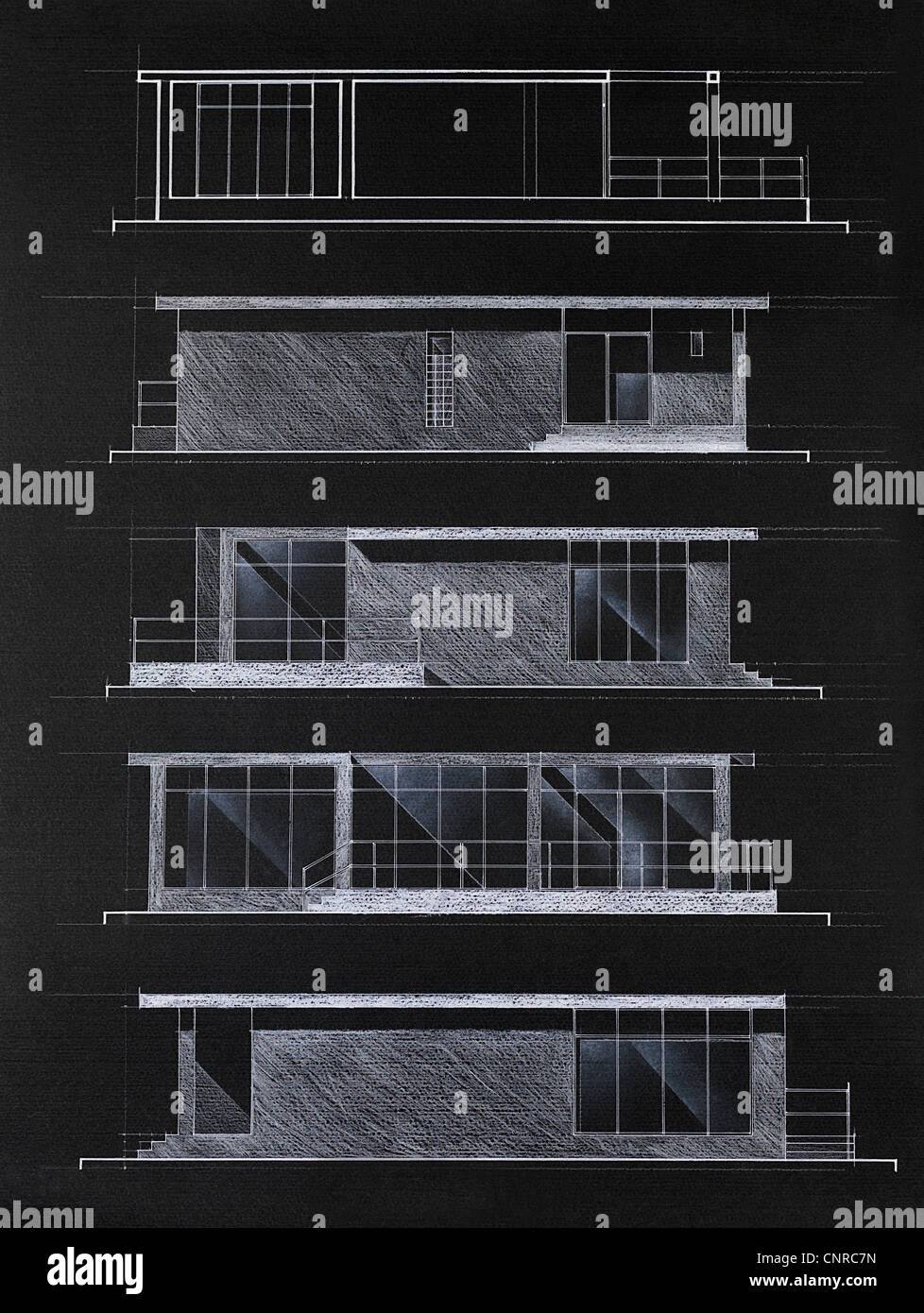 colored architectural blueprint of modern house facades, drawn by hand ...