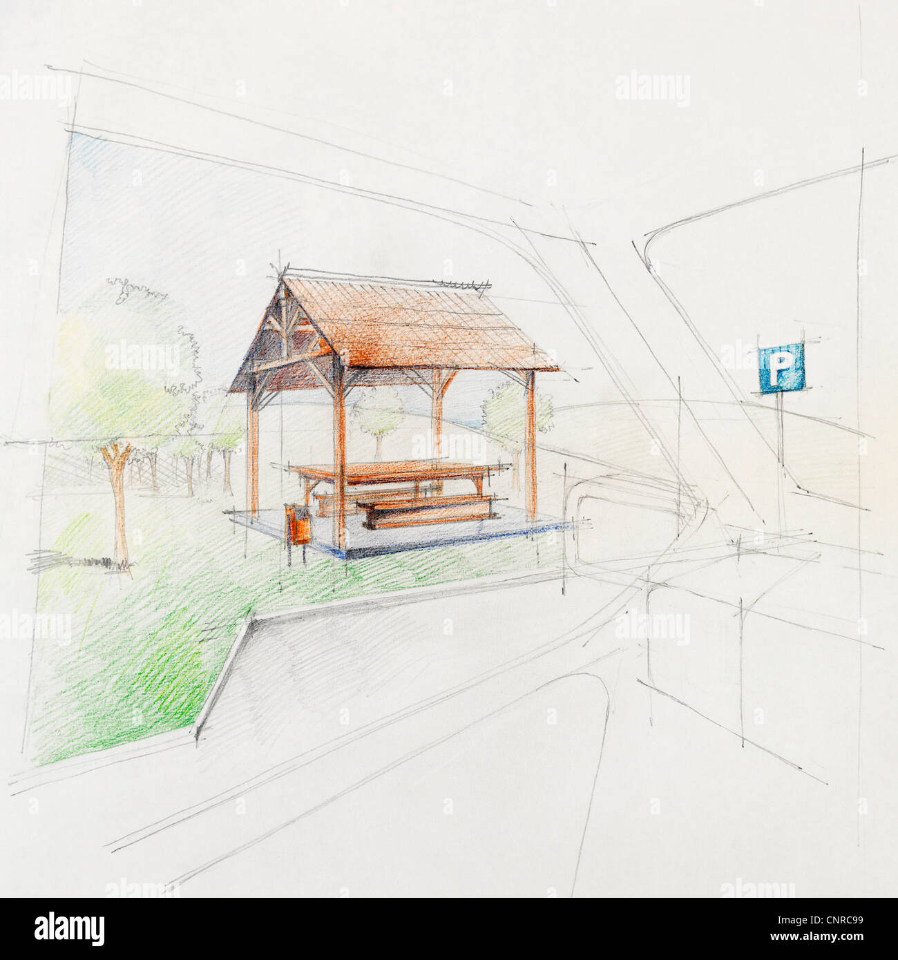 colored architectural sketch of a car park rest place, drawn by hand ...
