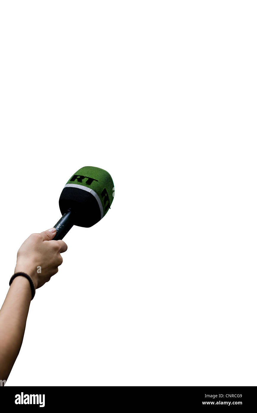 Cut Out. Woman's right arm holding a microphone from the RT (Russia ...