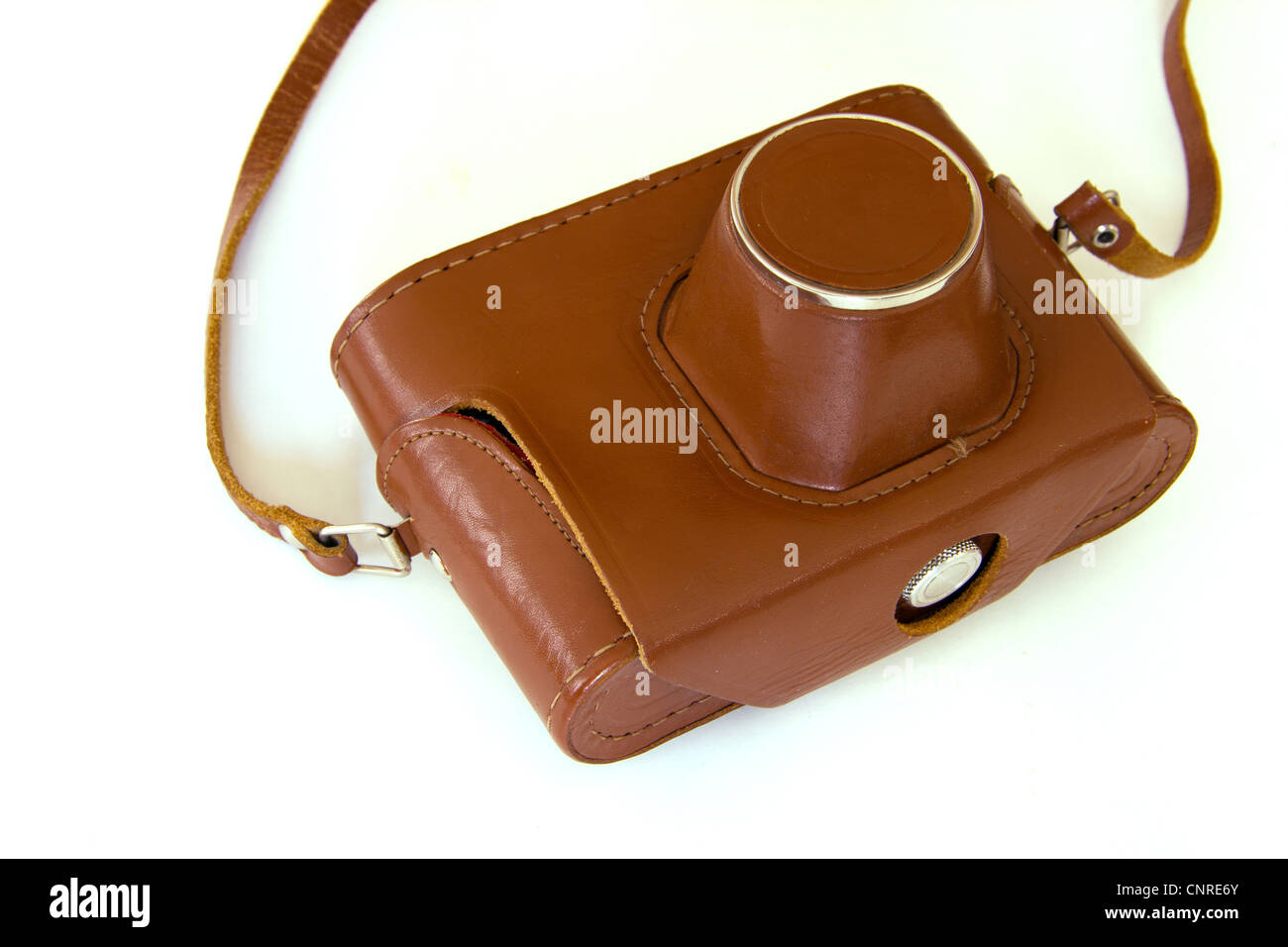 Vintage old film photo-camera in leather case Stock Photo - Alamy