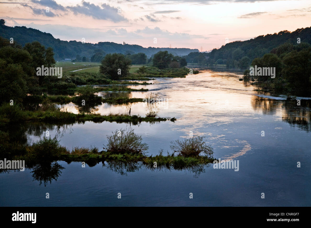 Ruhr river with its typical spur dikes in twilight, Germany, North ...