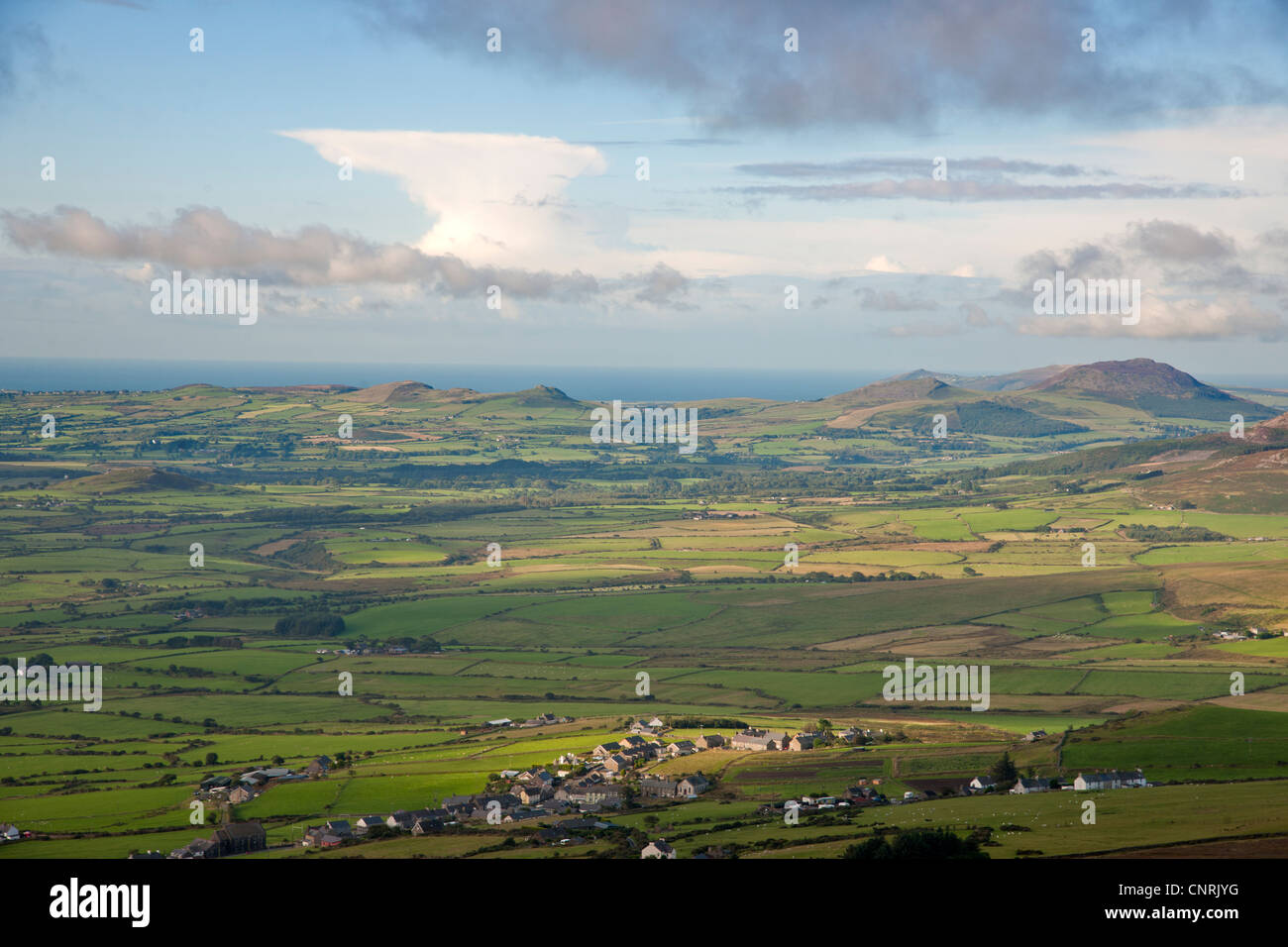 View from Yr Eifl across the Llyn Peninsula to village of Llithfaen ...