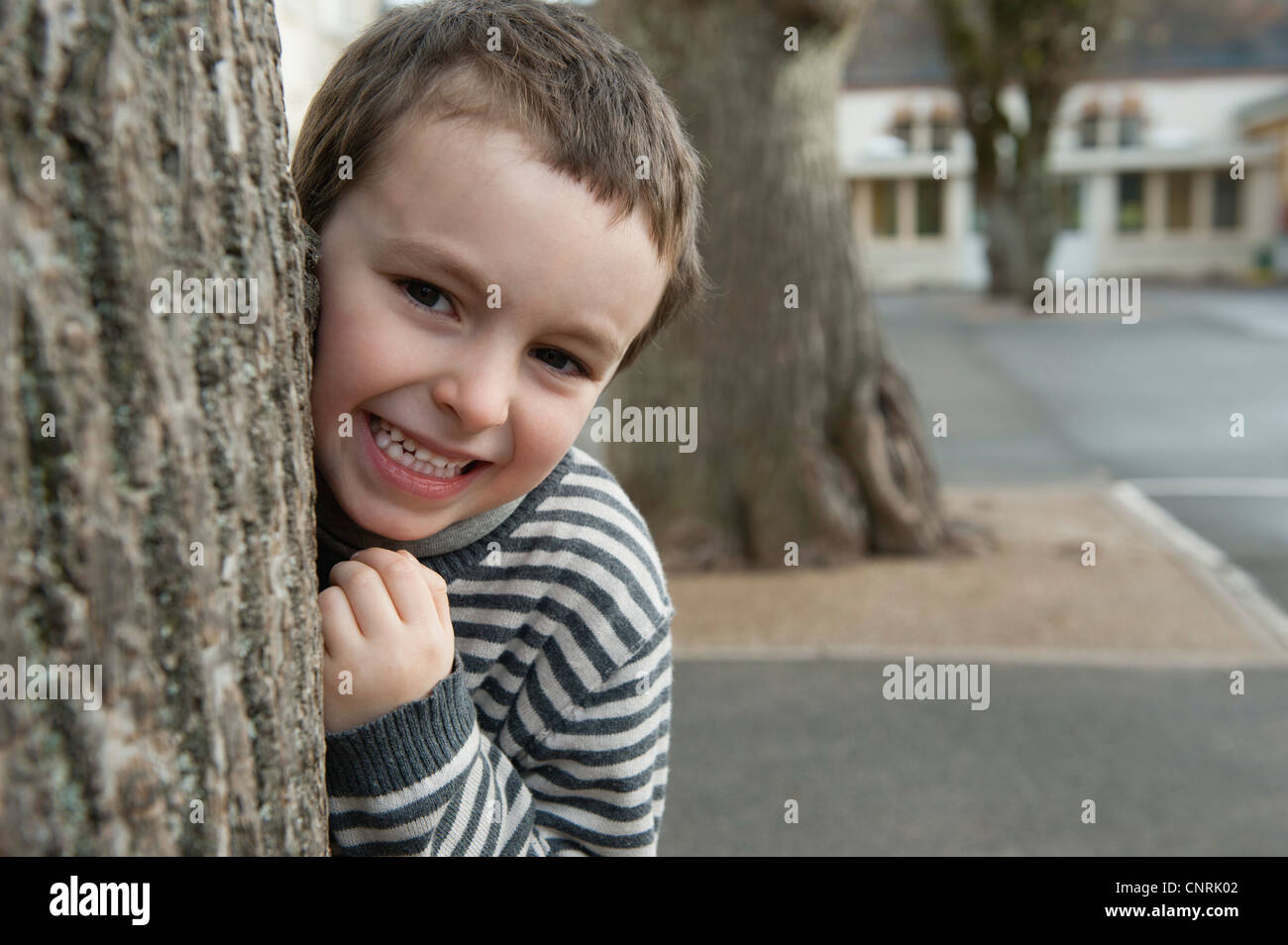 Boy hiding behind tree hi-res stock photography and images - Alamy