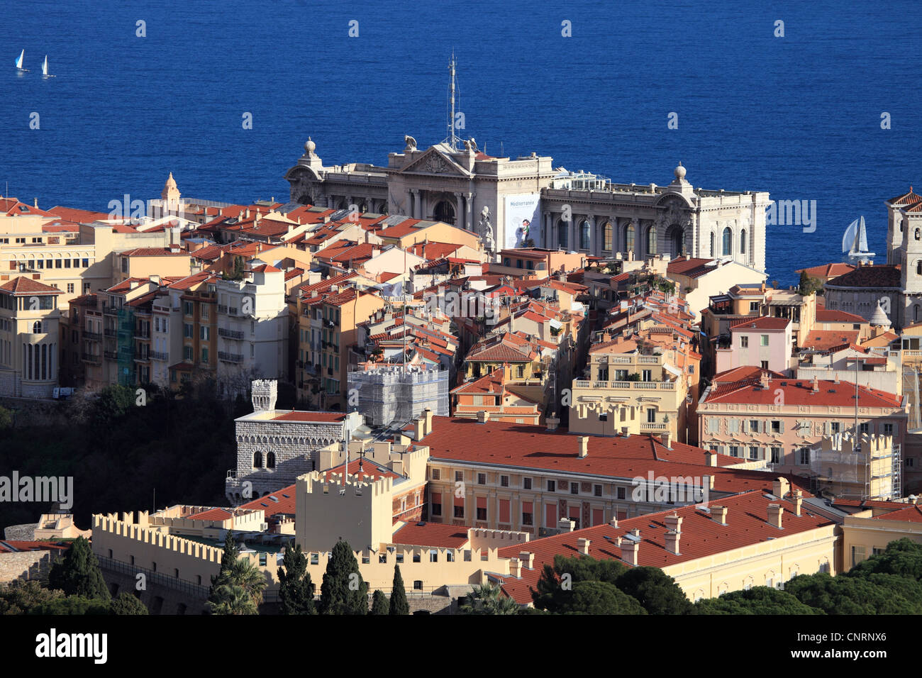 Overhead view of the Principality of Monaco and the Palace up to Le ...