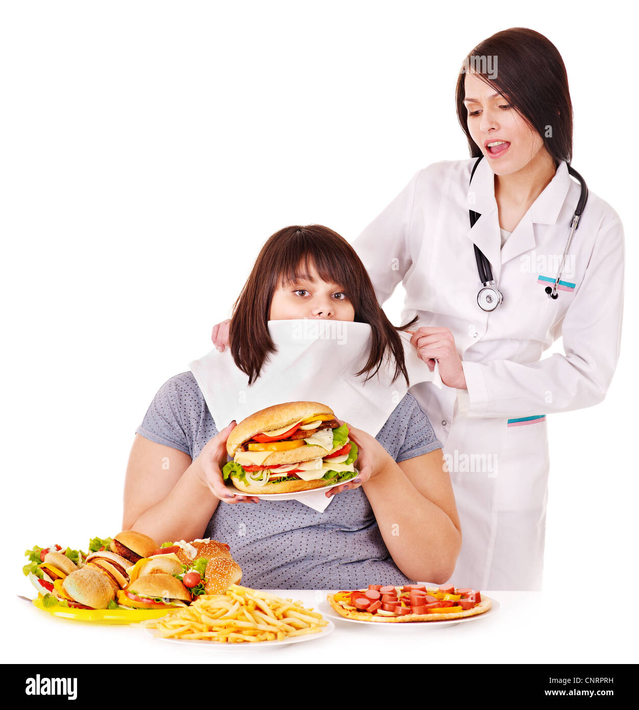 Overweight woman with hamburger and doctor Stock Photo - Alamy