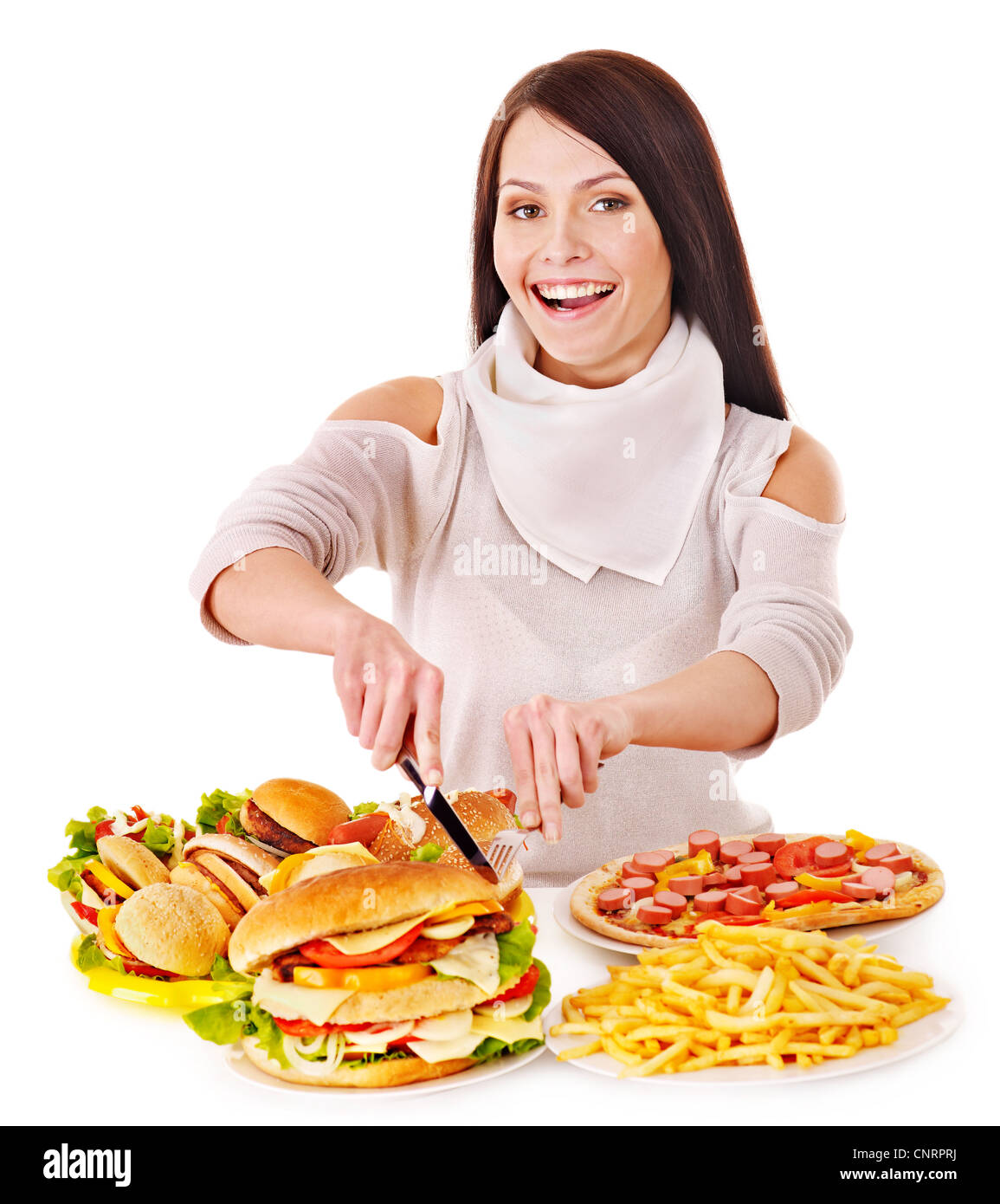 Woman eating fast food. Isolated Stock Photo - Alamy