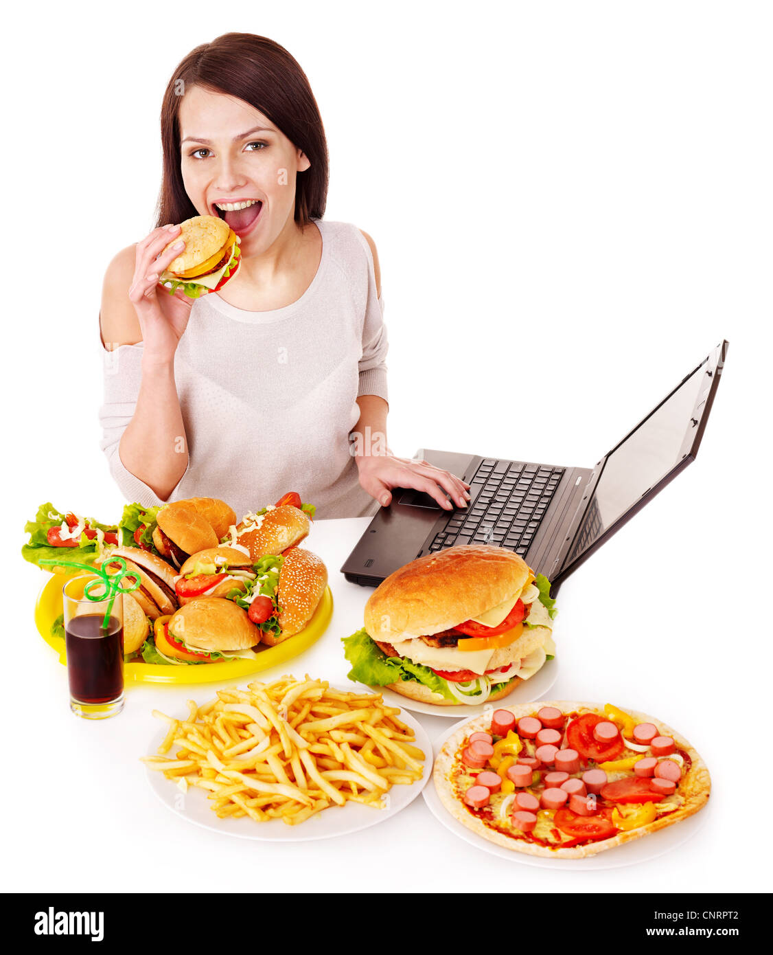 Woman eating fast food at work. Isolated Stock Photo - Alamy