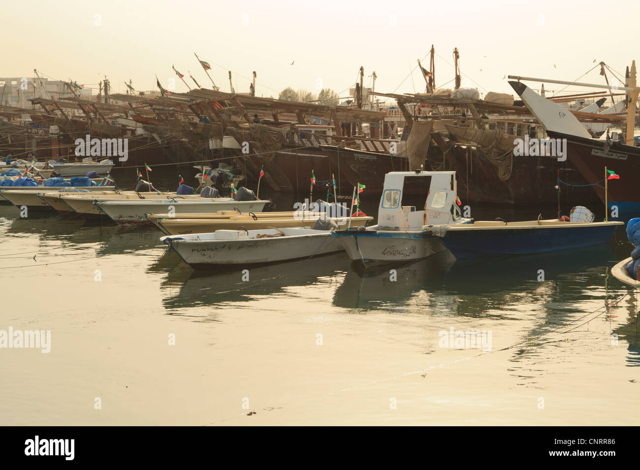 Fishing boats and Dhows in Kuwait City moored up next to the Fish ...