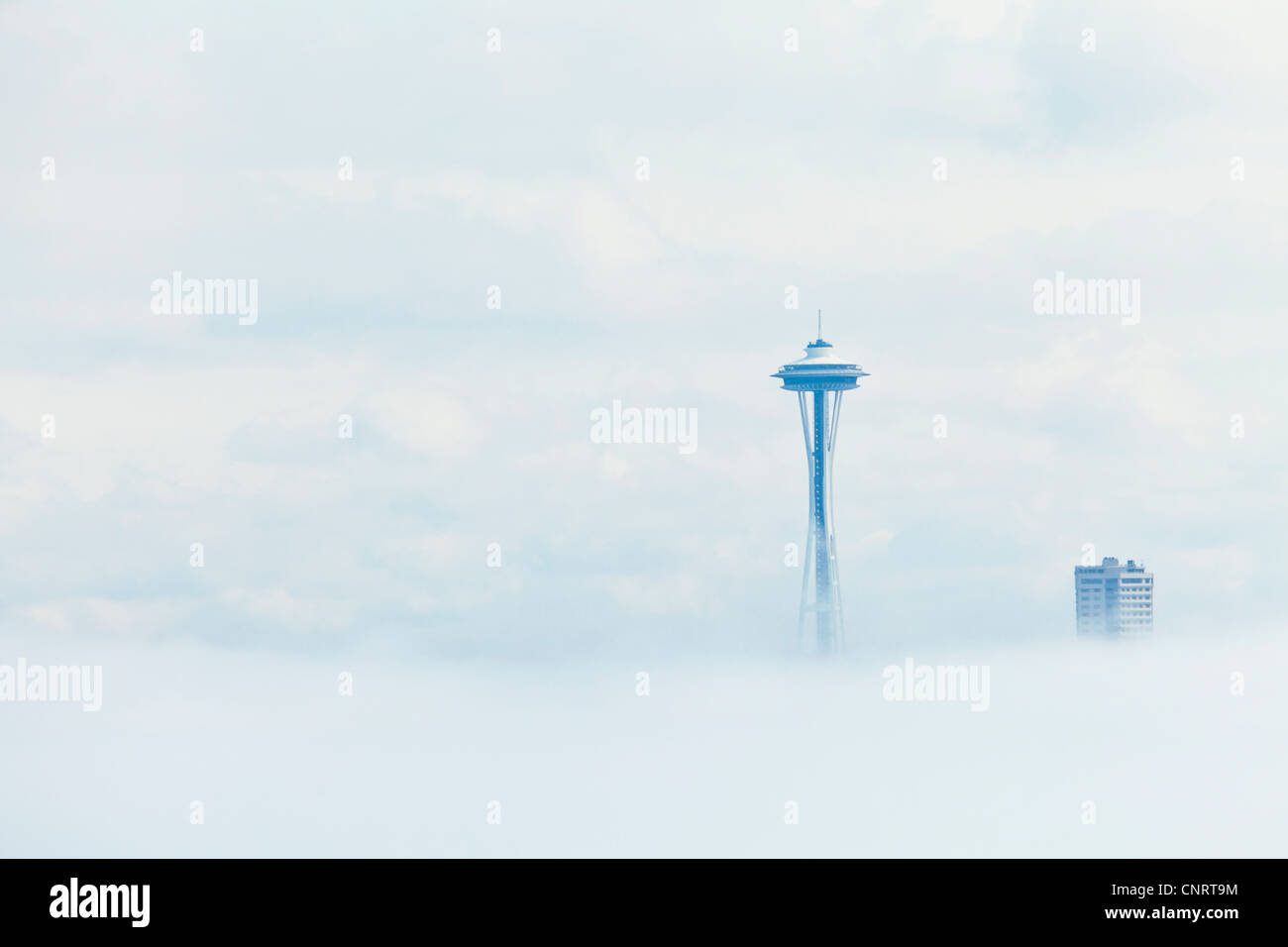 A fog bank obscures downtown Seattle and the Space Needle sticks up ...