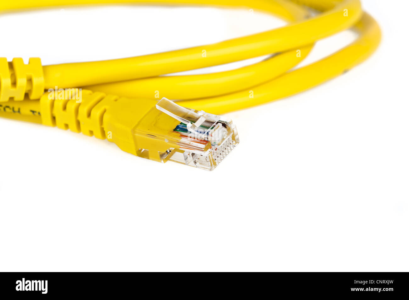 Yellow network cable isolated on white background Stock Photo - Alamy