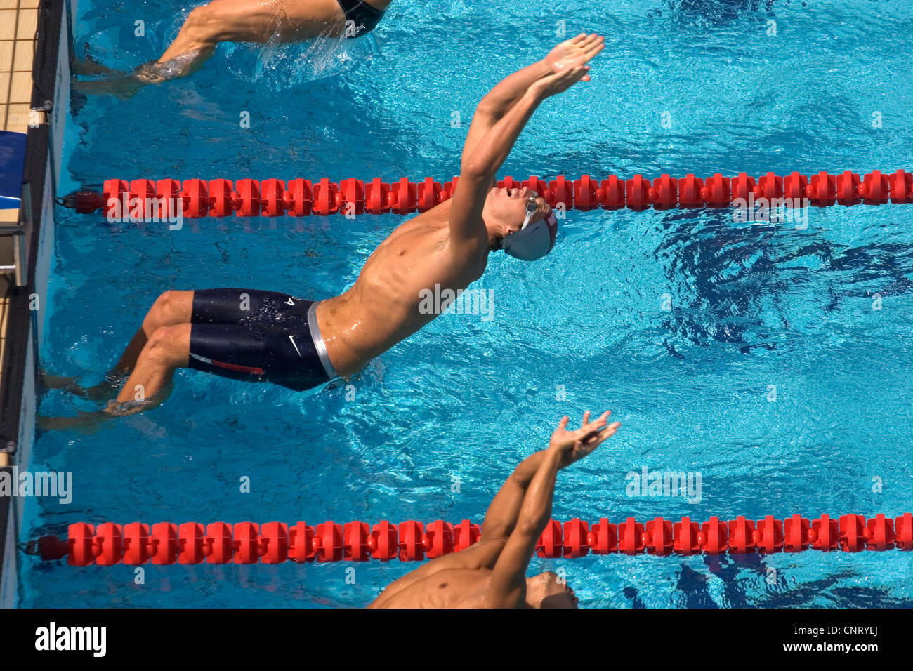 Aaron Peirsol (USA) starting the 100m backstroke heats. 2004 Olympic ...