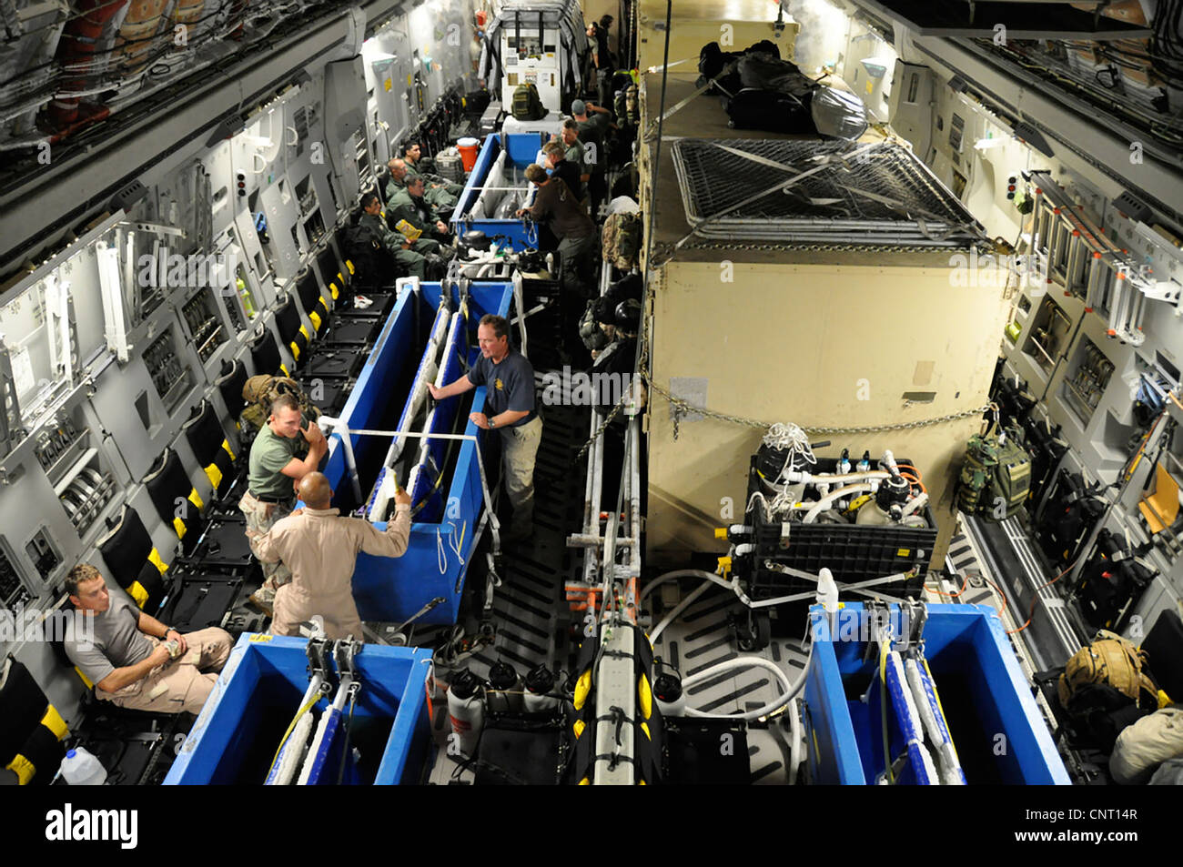 Overview showing specially trained US Navy dolphins being transported ...