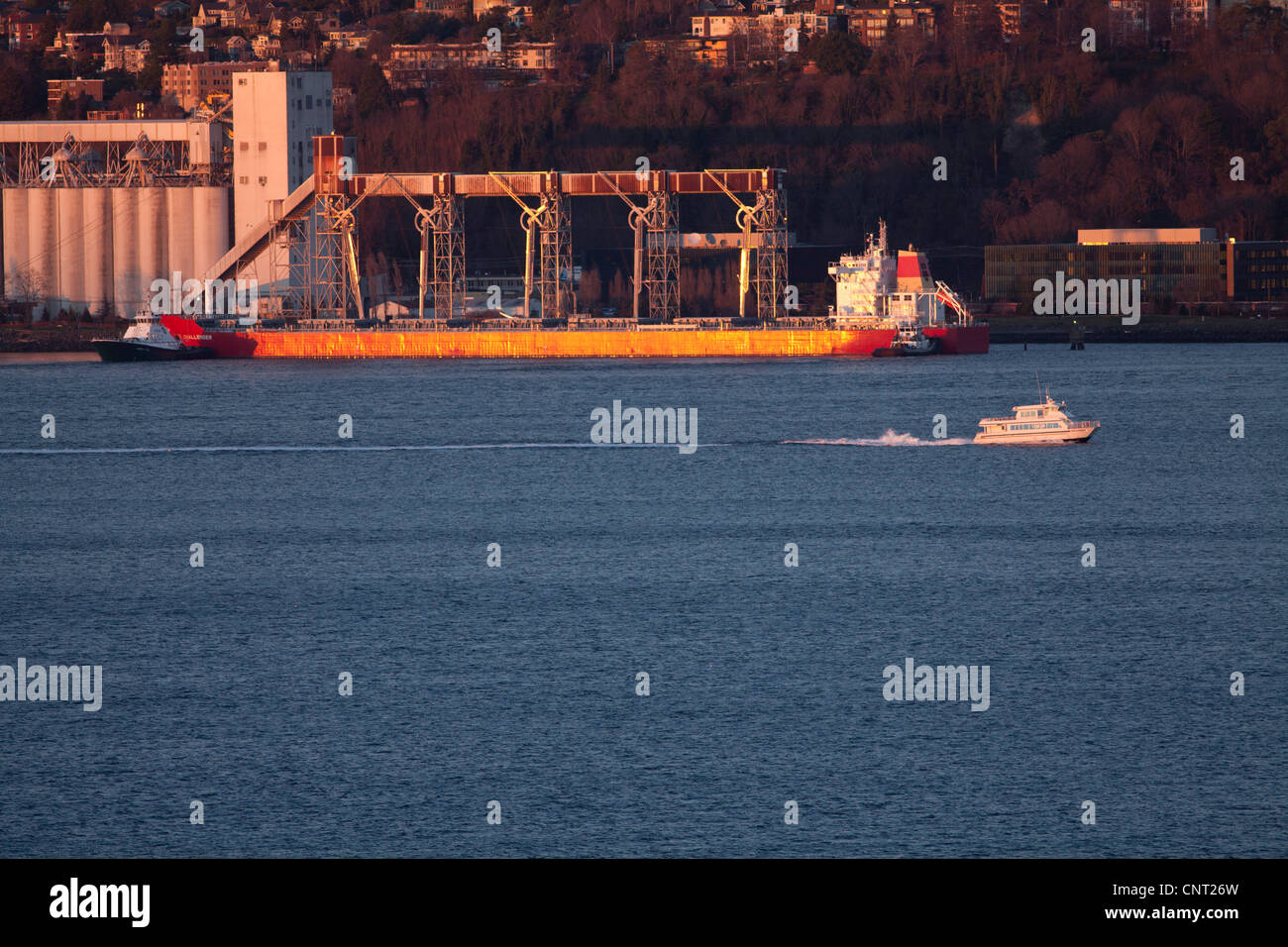 Freighter loading at grain terminal, Seattle, Washington Stock Photo ...