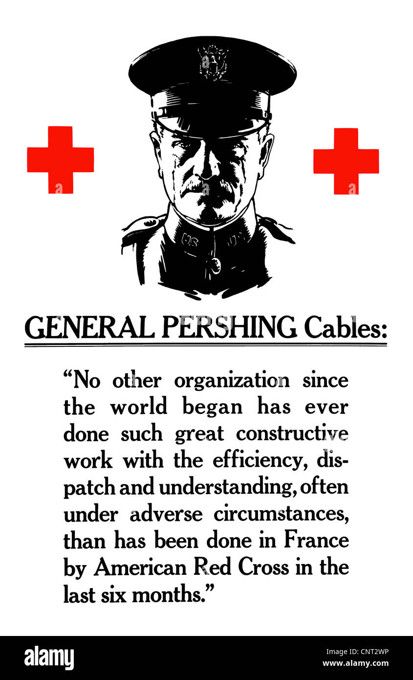 Vintage World War I poster of General John Pershing between two red ...