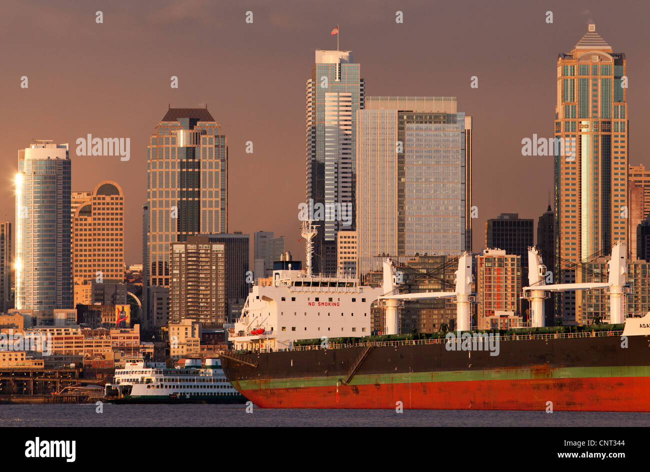 Ship anchored in Elliott Bay, Seattle skyline, Washington Stock Photo ...