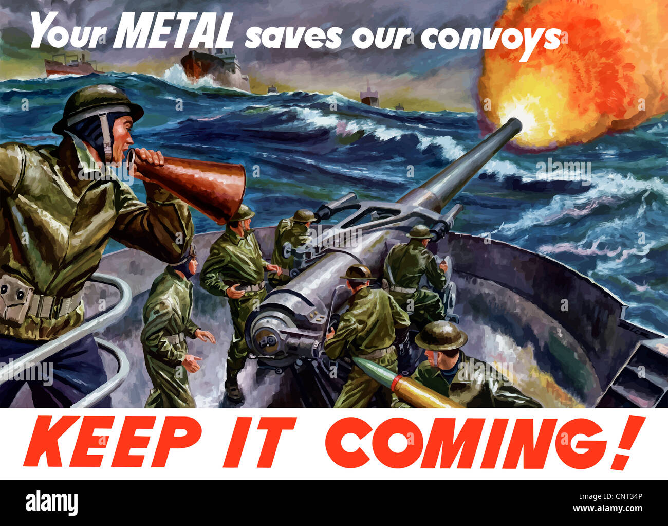 Vintage World War II poster of ships at sea, firing artillery rounds ...