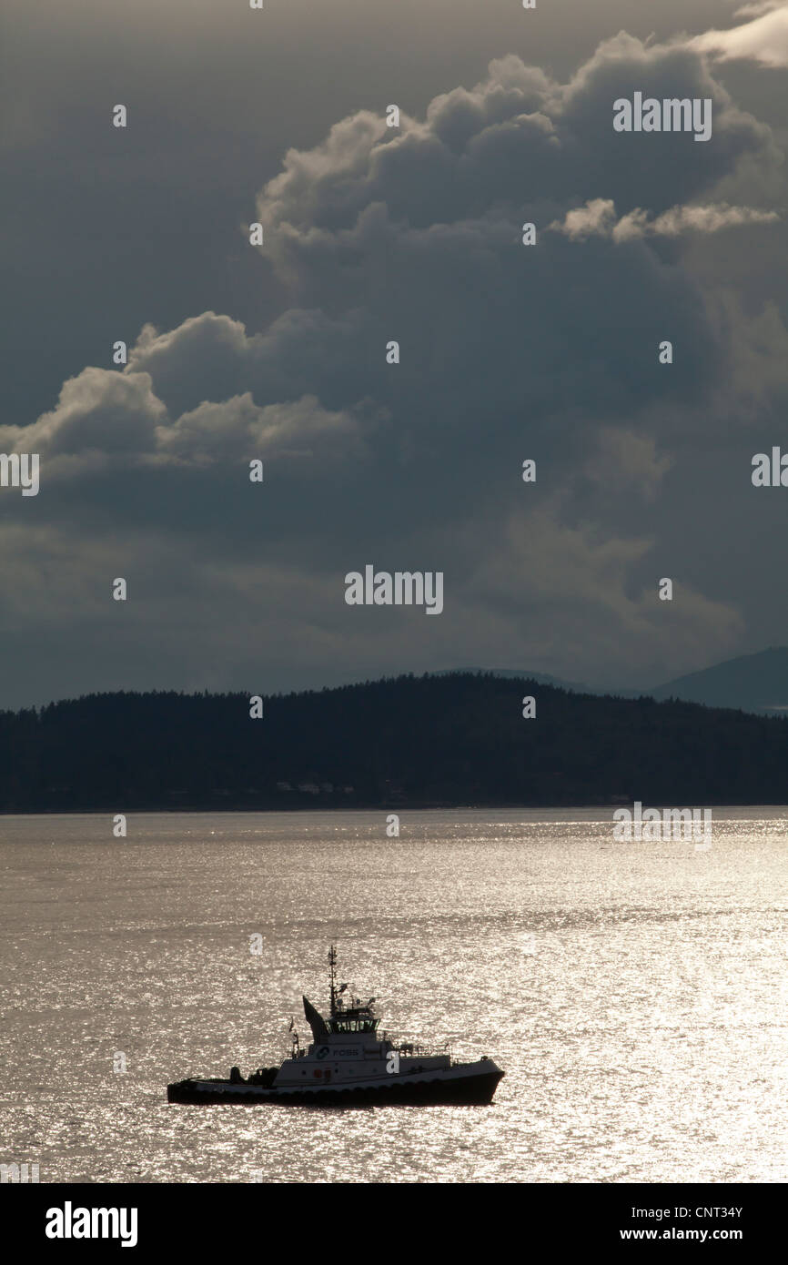 Tugboat on Puget Sound, clouds, Washington Stock Photo - Alamy