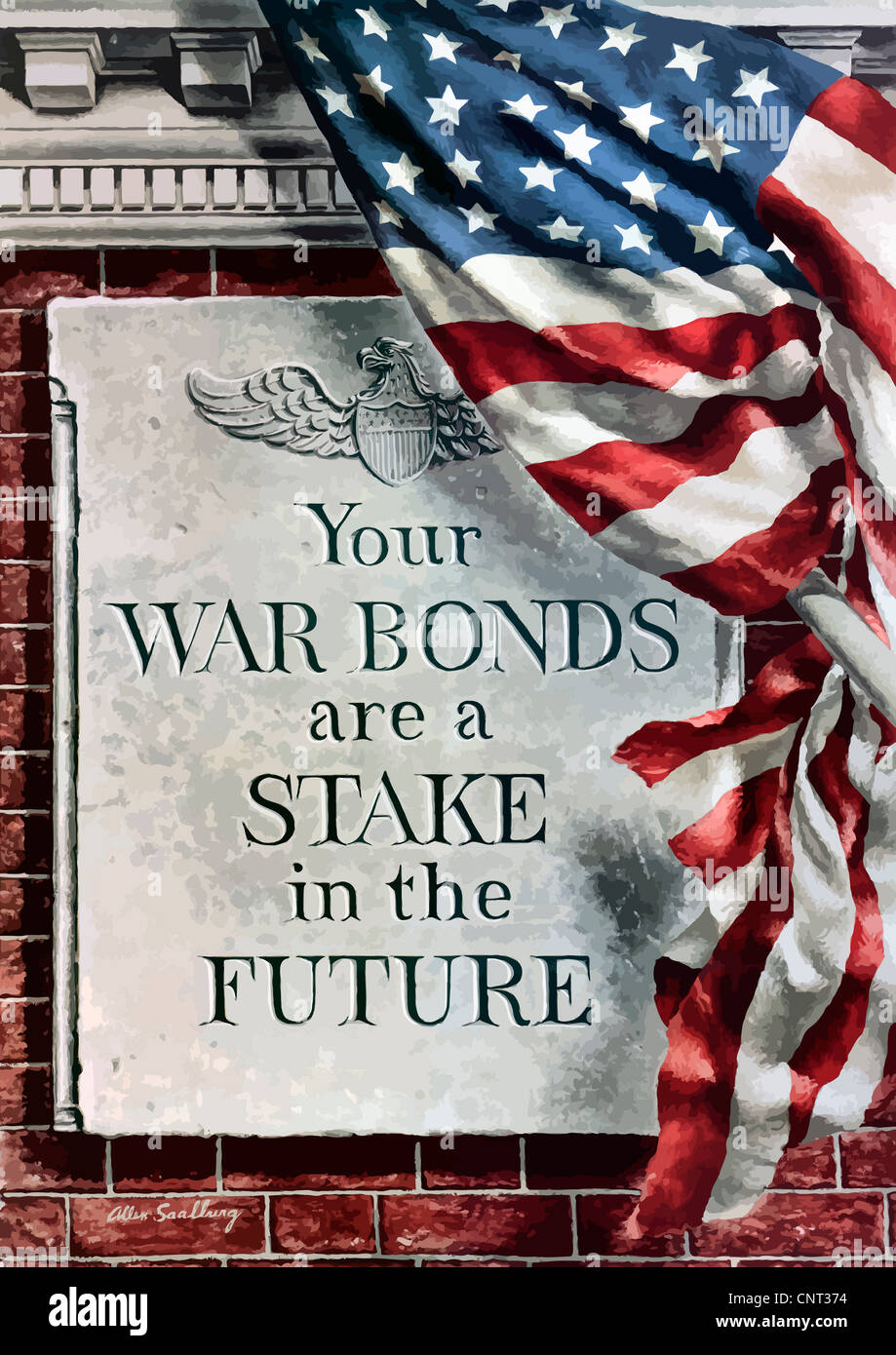 Vintage World War II poster of the American flag and a sign on a brick ...