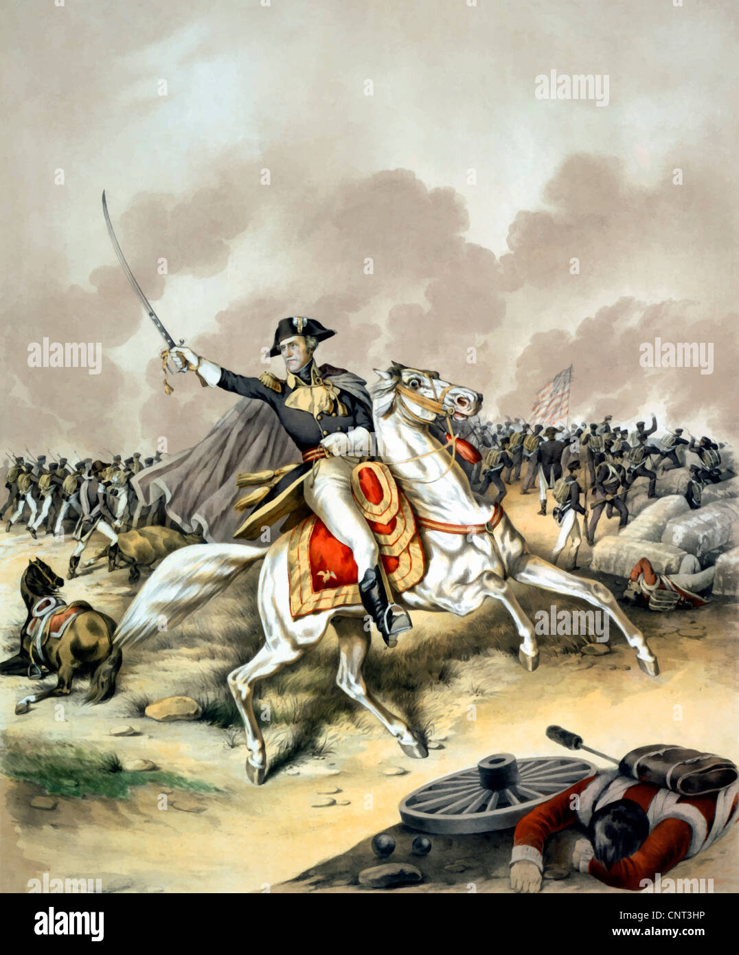 Vintage American history print of General Andrew Jackson, on horseback, leading troops during ...