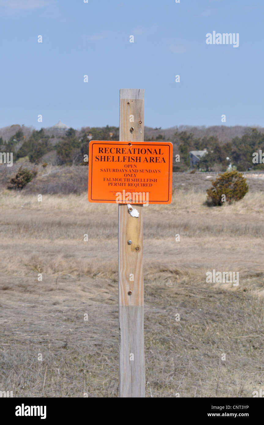Sign posted on beach for recreational shellfishing on Cape Cod, USA ...