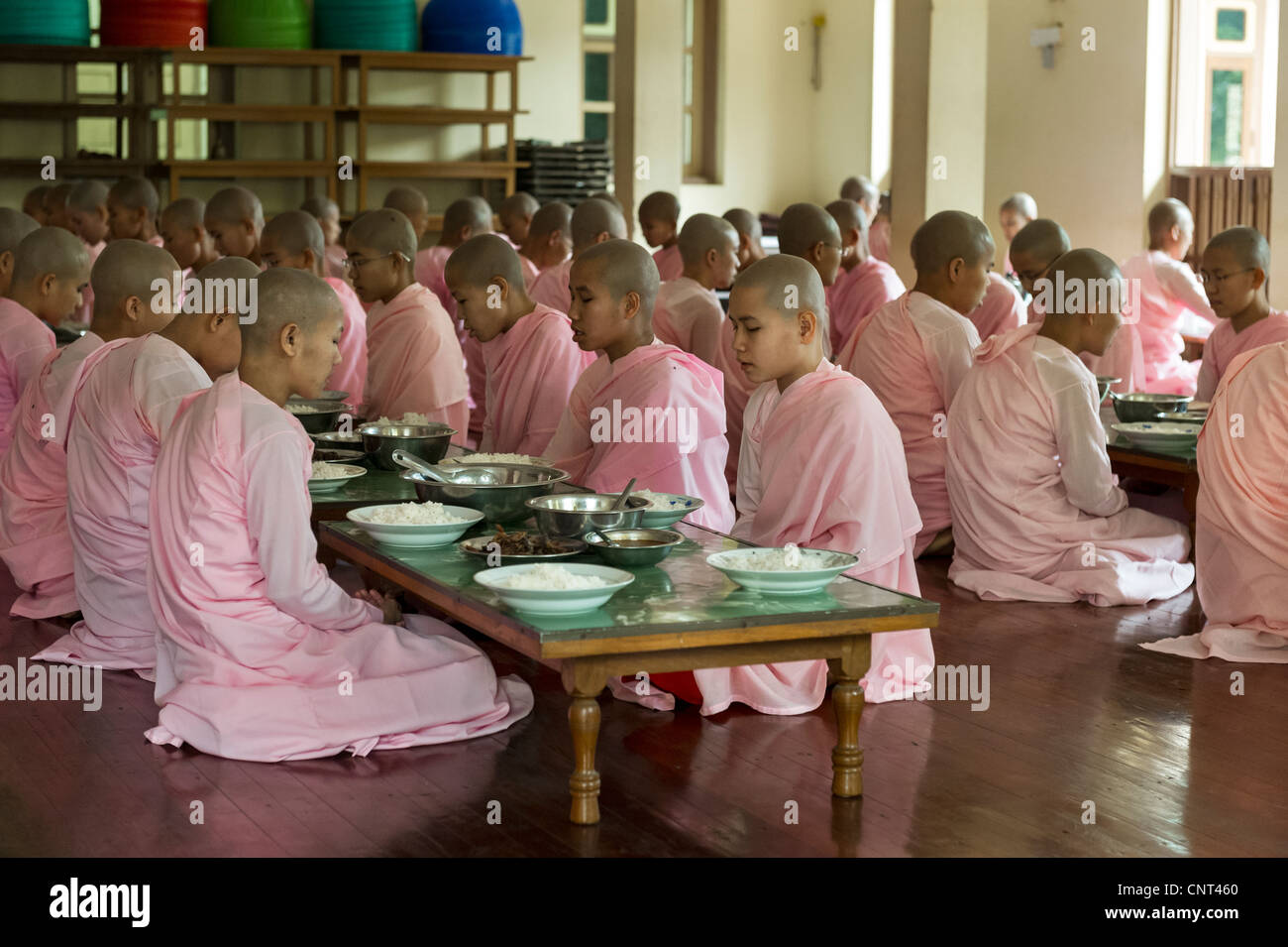 Buddhist nuns in the dining hall at the Sakyadhita Thilashin Nunnery ...