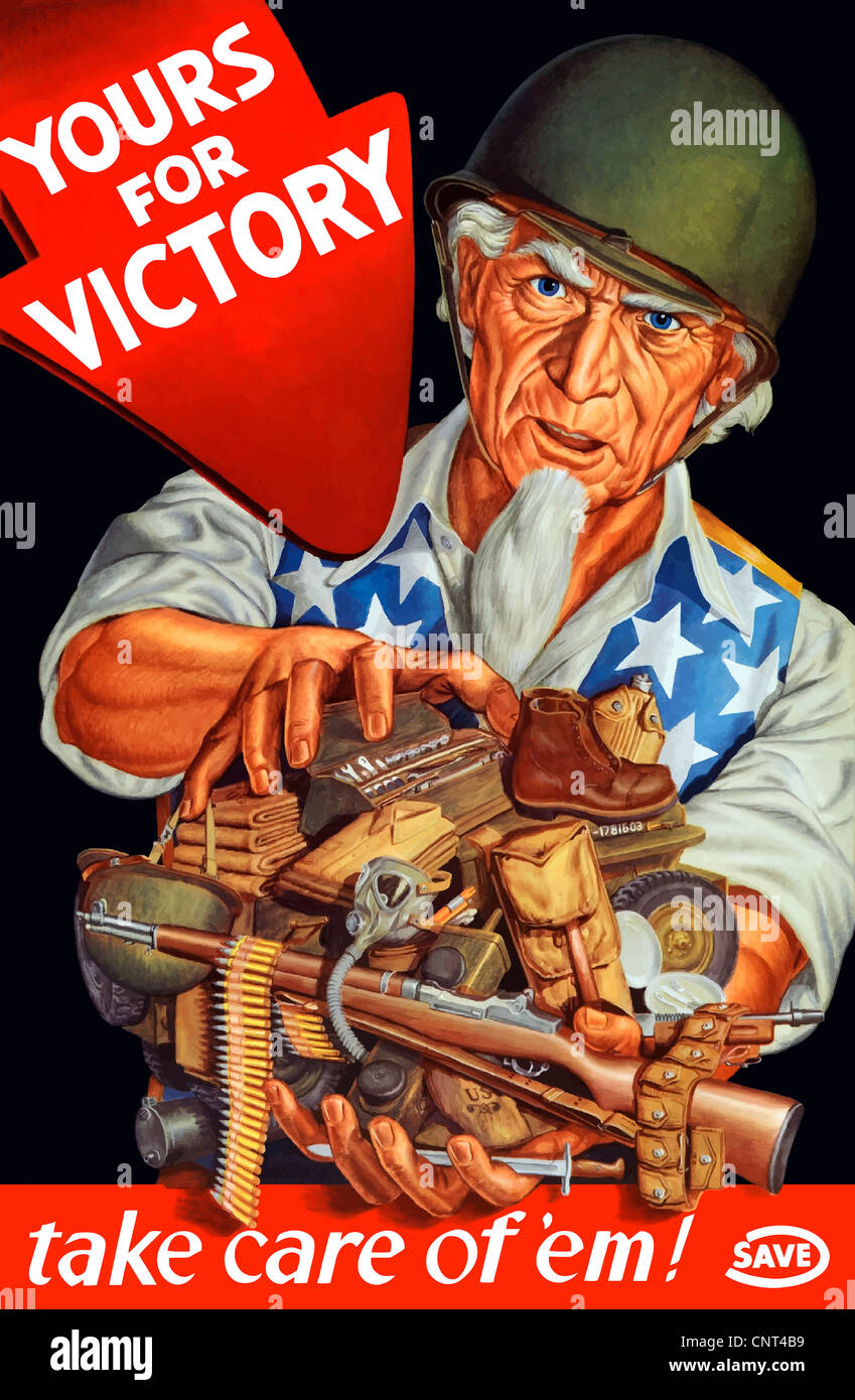 Vintage World War II poster of Uncle Sam wearing a helmet and holding ...