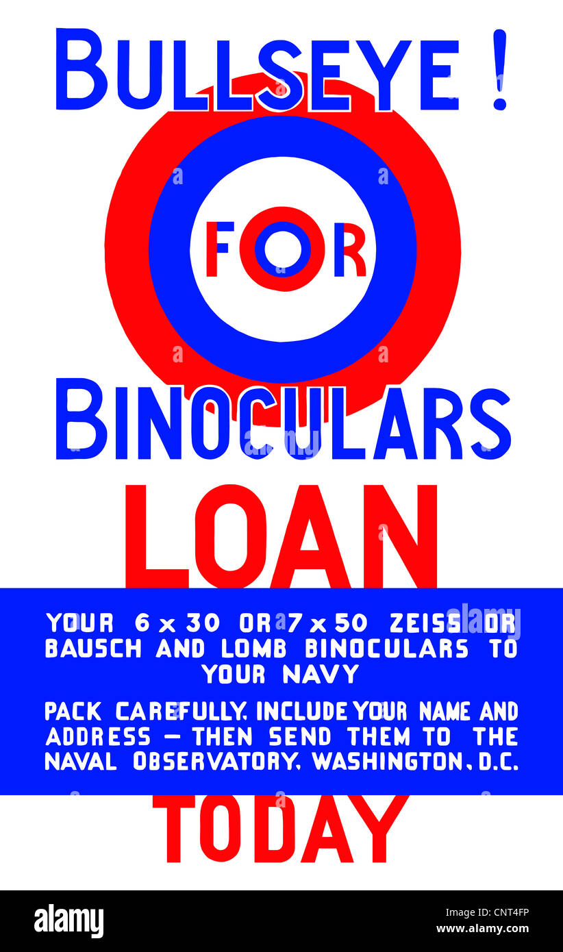 Vintage WPA poster of a bulls-eye. It reads, Bullseye for binoculars ...