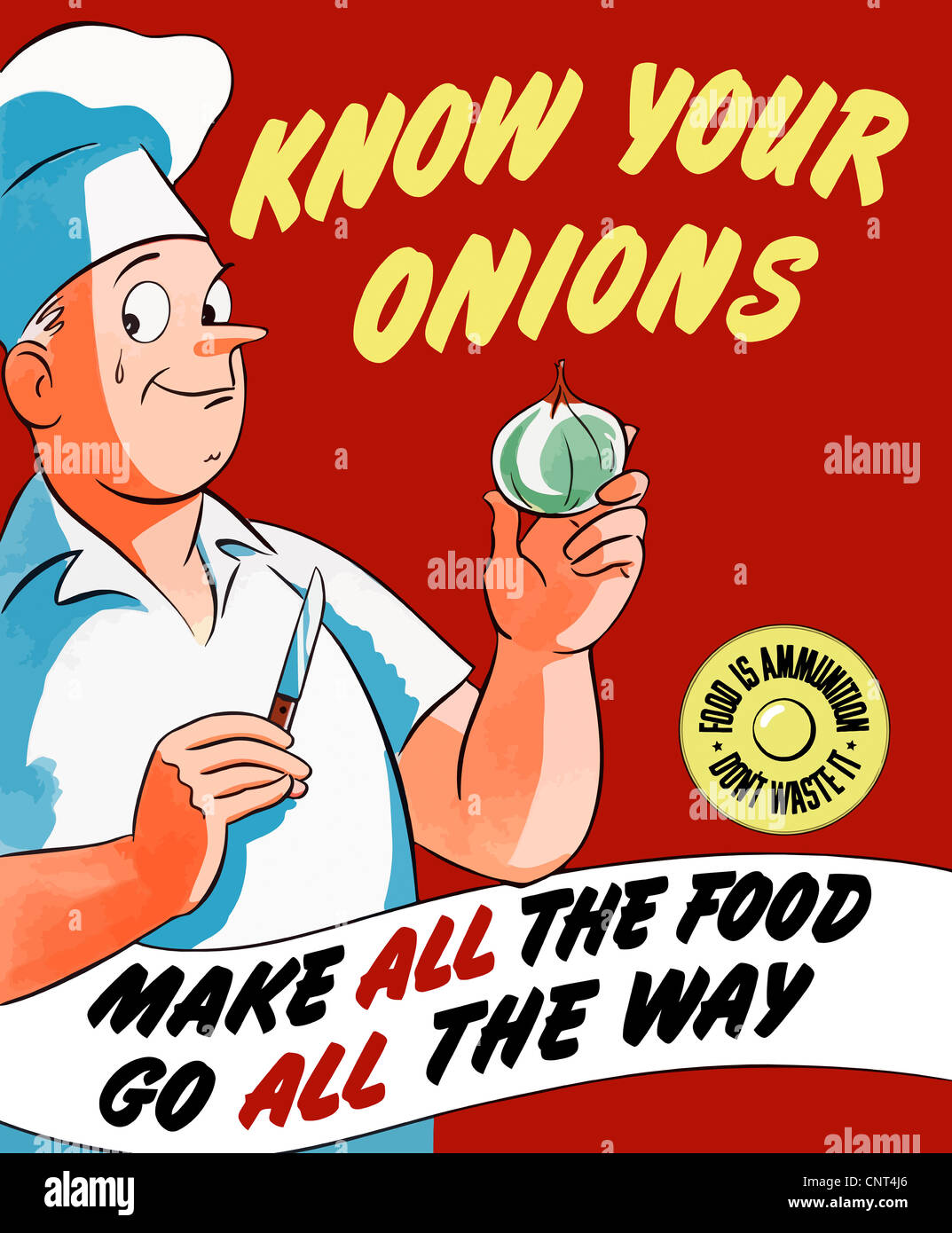 Vintage World War II poster of a chef holding an onion with a tear in ...