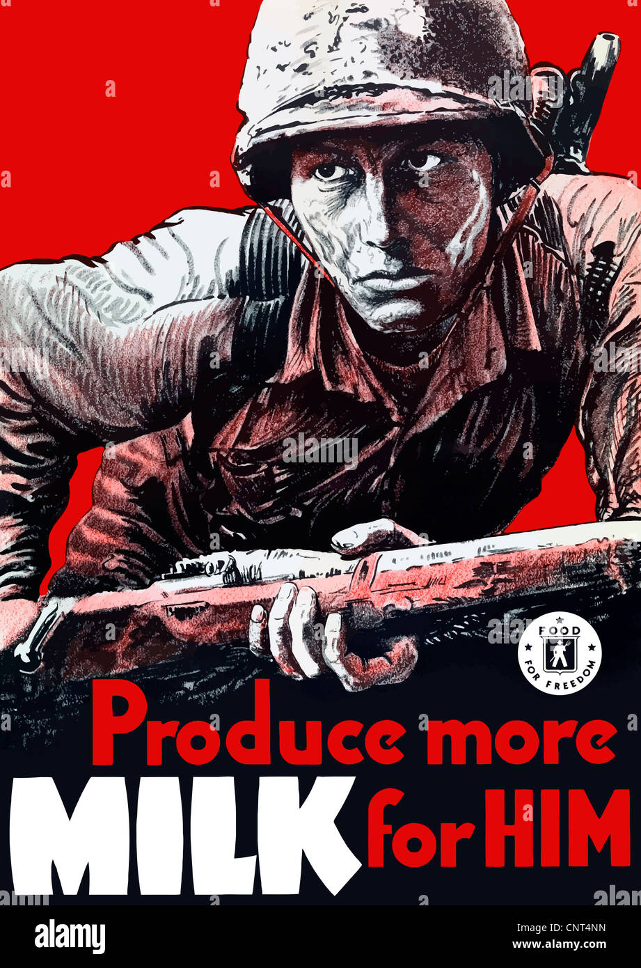 Vintage World War II poster of a soldier, rifle in his hand, charging ...