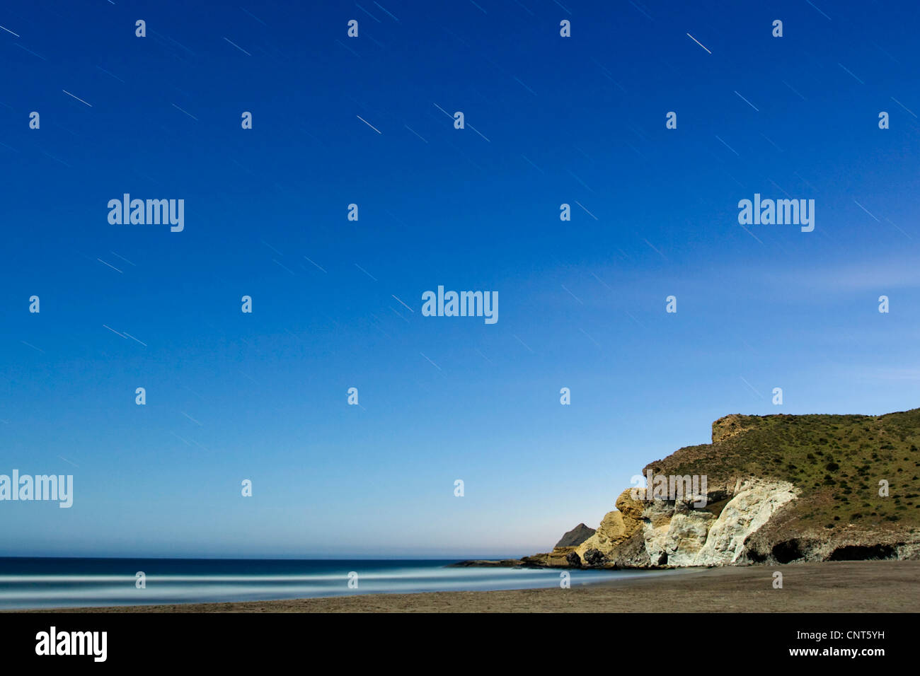 Media luna (Half moon) beach at night, Spain, Andalusia, Cabo de Gata ...