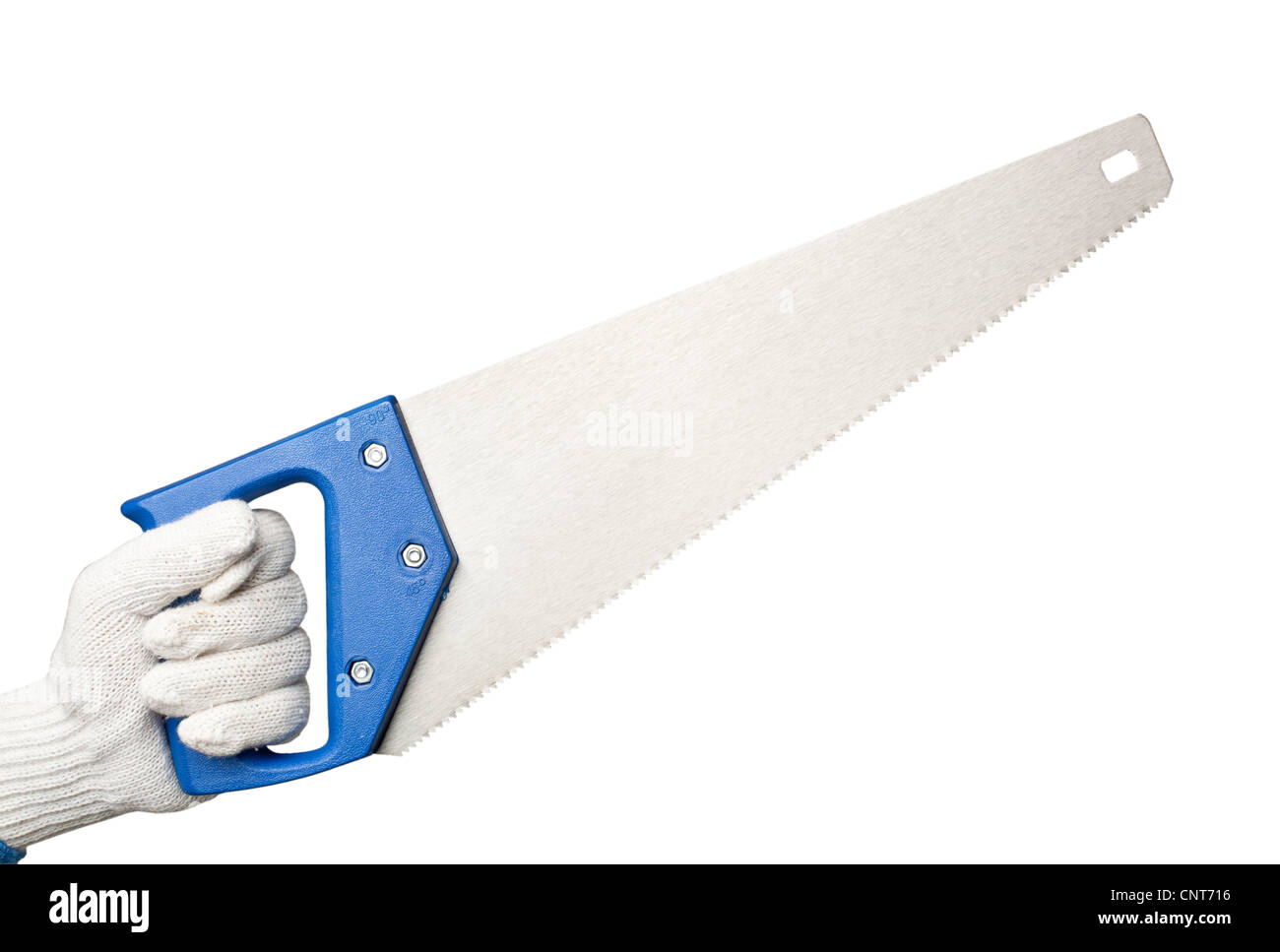 Hand in glove holding a saw isolated on white background Stock Photo ...
