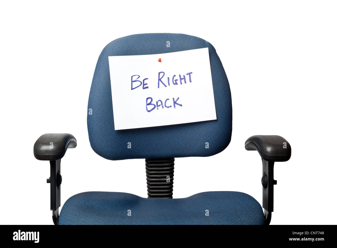 Office chair with a BE RIGHT BACK sign isolated on white background ...