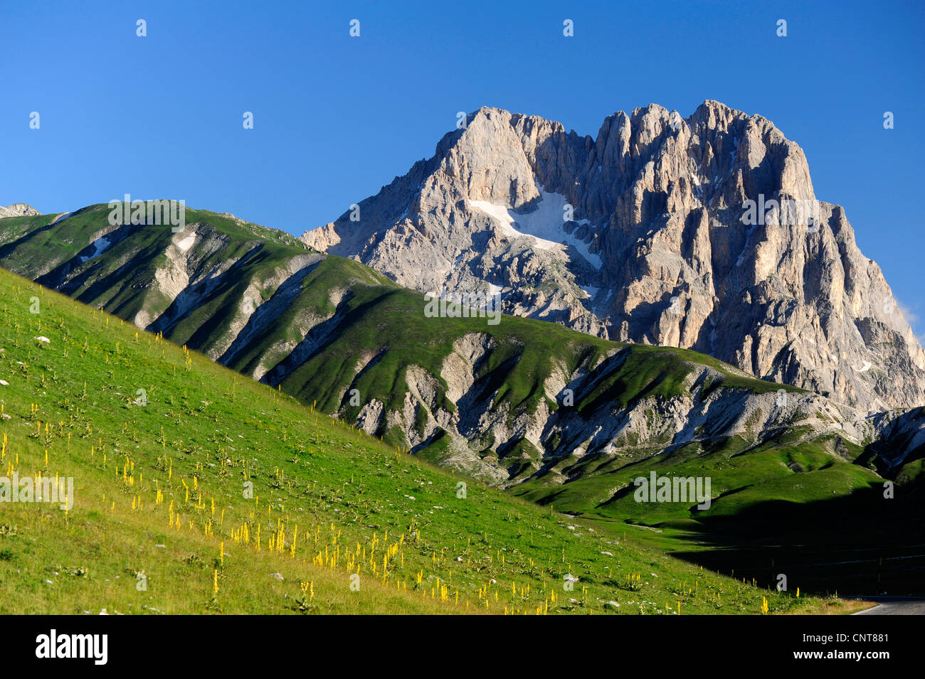 mountain slopes with dry meadows in front of mountain top beyond the ...