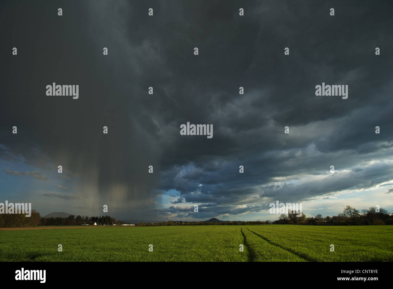 Rainfall over open field with dramatic clouds Stock Photo - Alamy