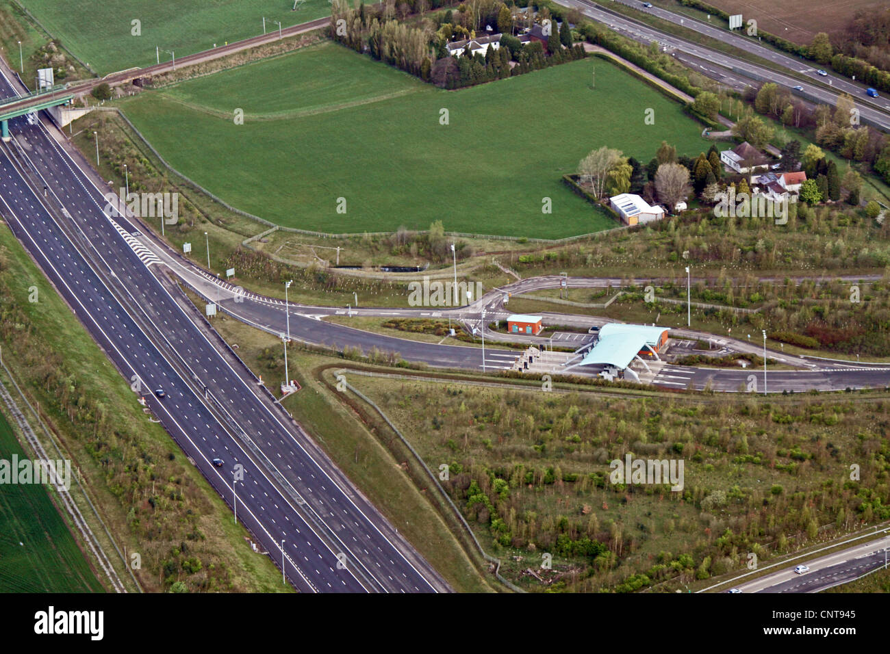 aerial view of toll booths on the M6 Toll road motorway at Shenstone ...