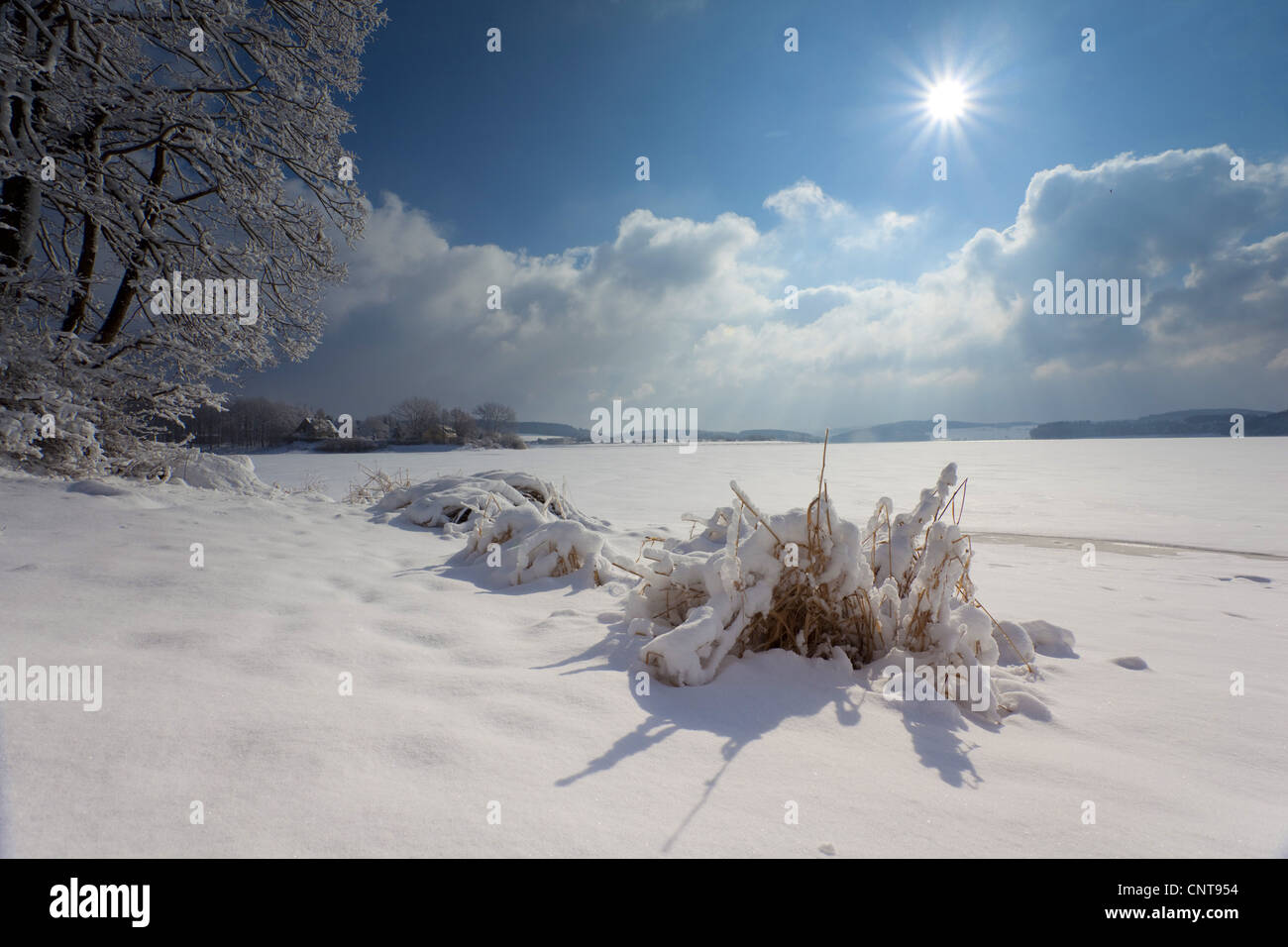 scenic winter landscape with sun and shadows on the snow, Germany ...