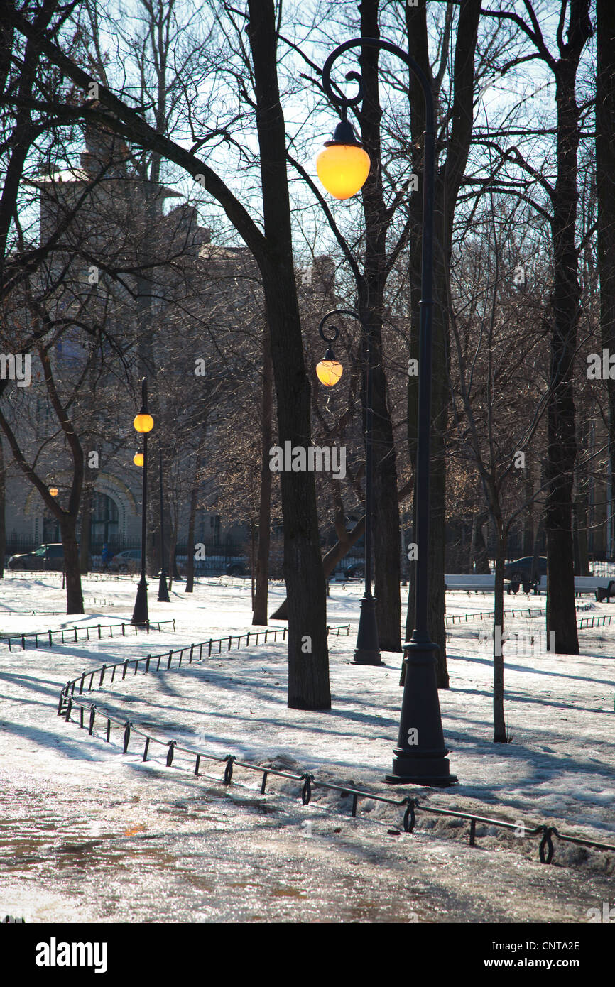 Russia, Saint-Petersburg, street lights burning during the day ...