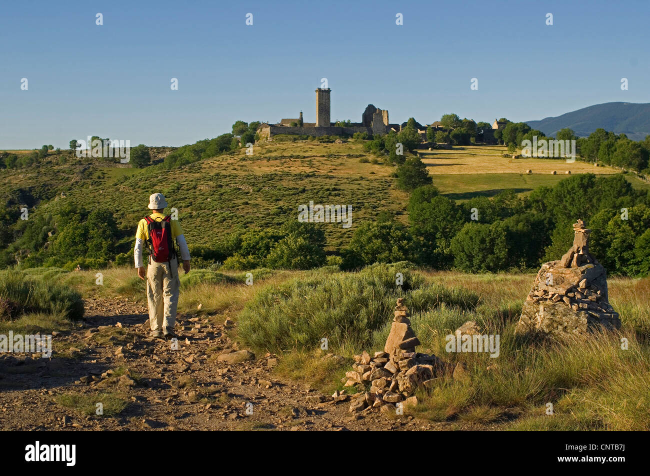 footpath at the Mont Loz re with a castle ruin, France, Lozere ...