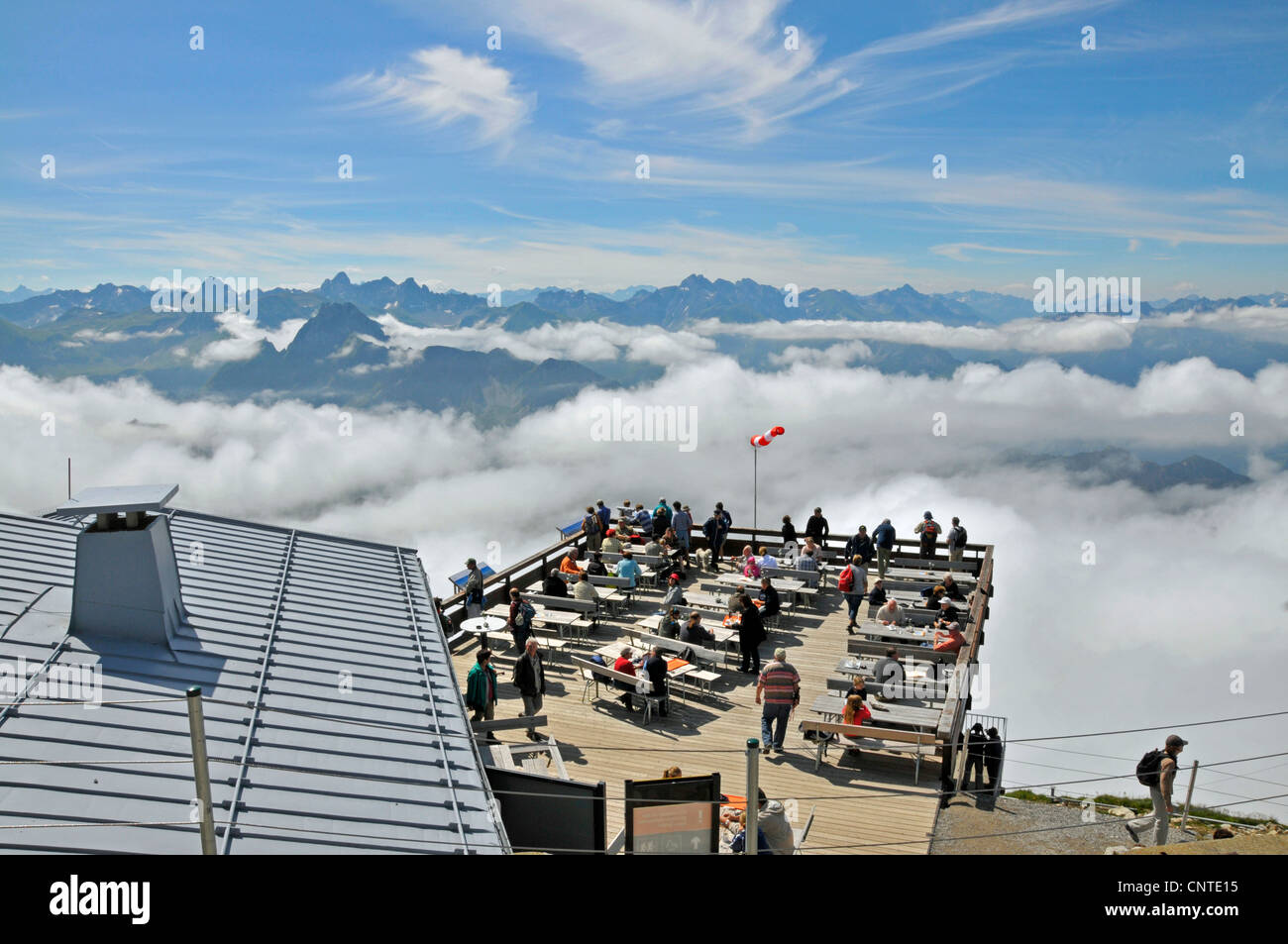 viewing platform at the summit station of the Nebelhorn filled with ...