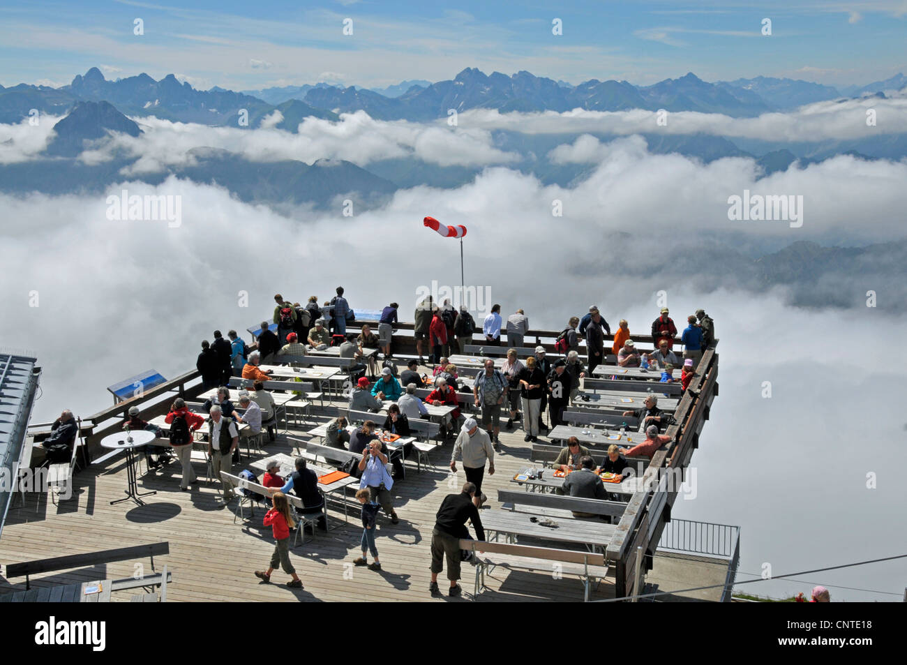 viewing platform at the summit station of the Nebelhorn filled with ...