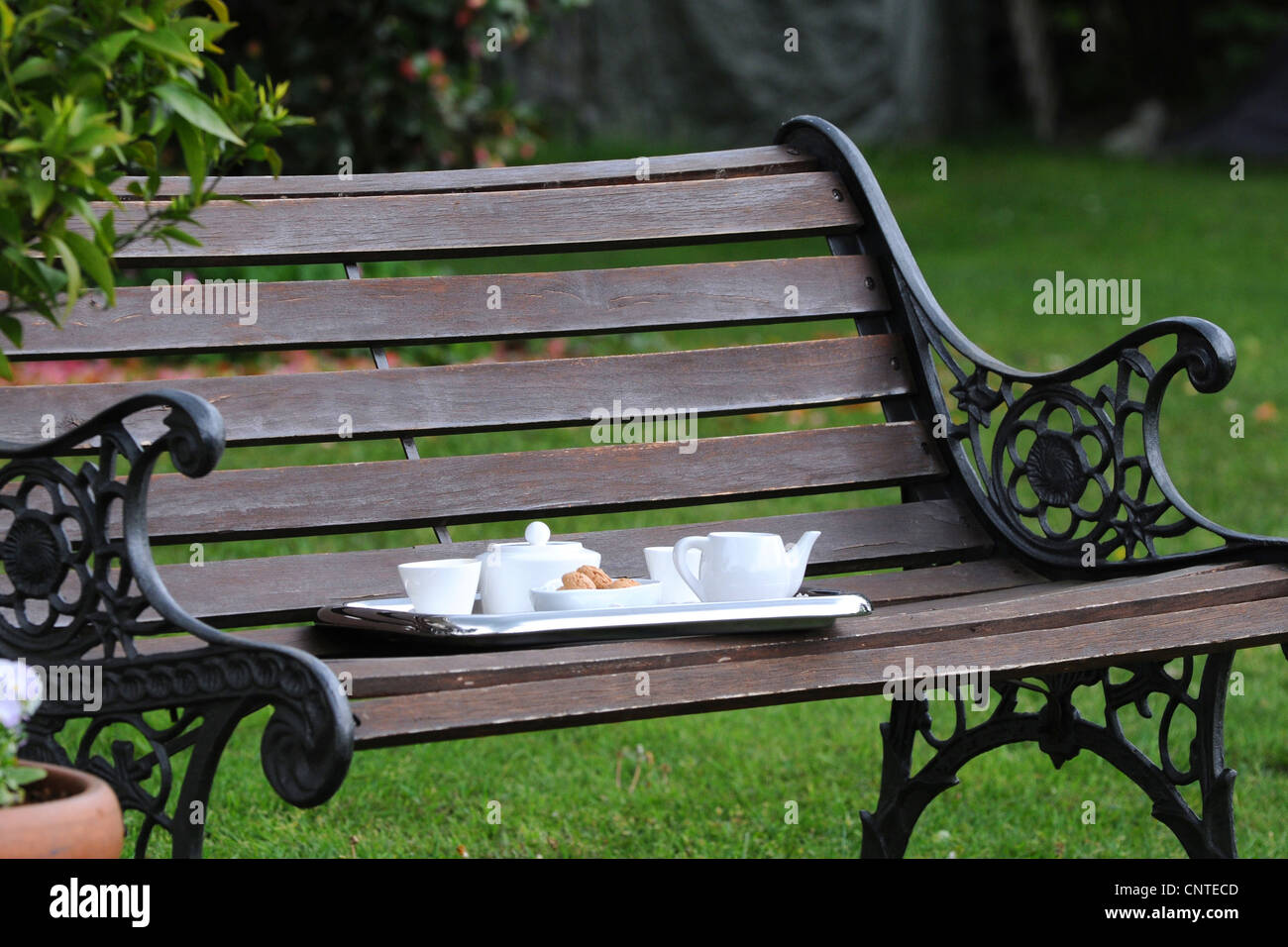 tea cups bench with tea cups, Lake Orta, Italy Stock Photo - Alamy