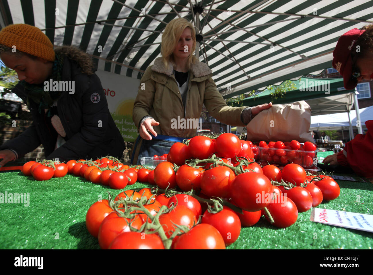 Selling tomatoes at Queen's Park Farmers' Market, London Stock Photo ...
