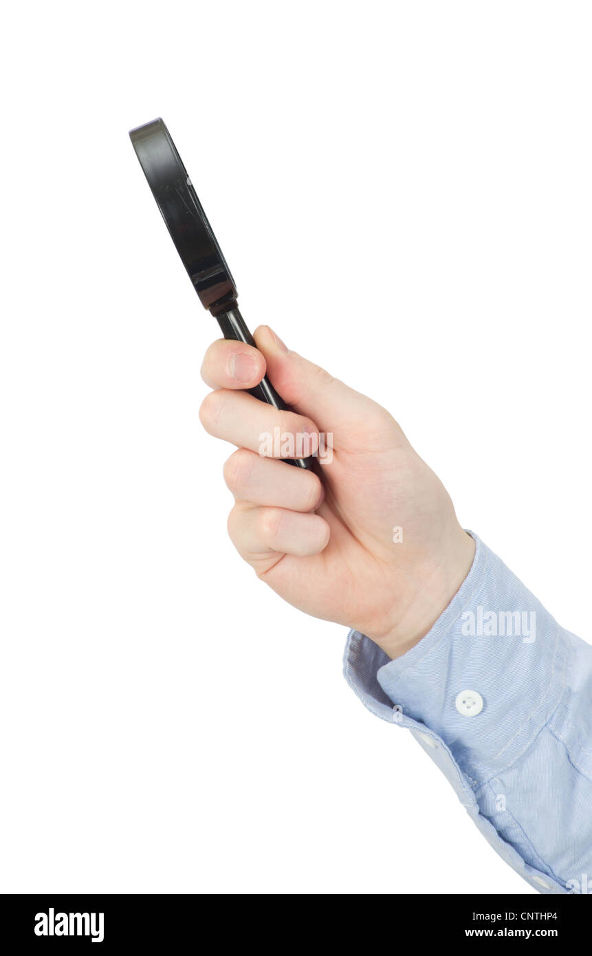 Man's hand holding magnifying glass Stock Photo - Alamy