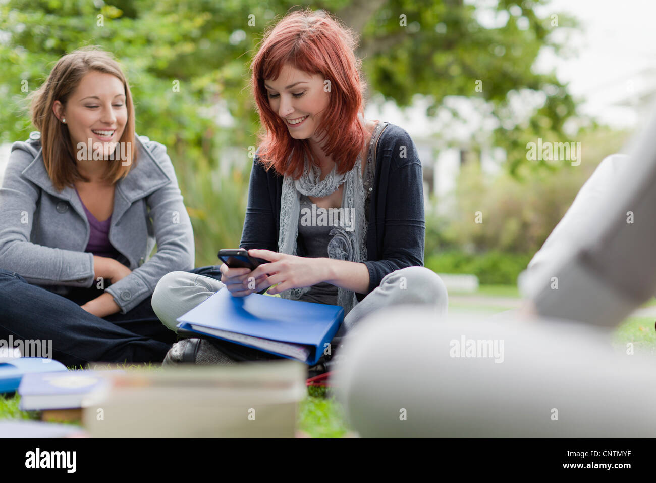 Students using cell phone on grass Stock Photo - Alamy
