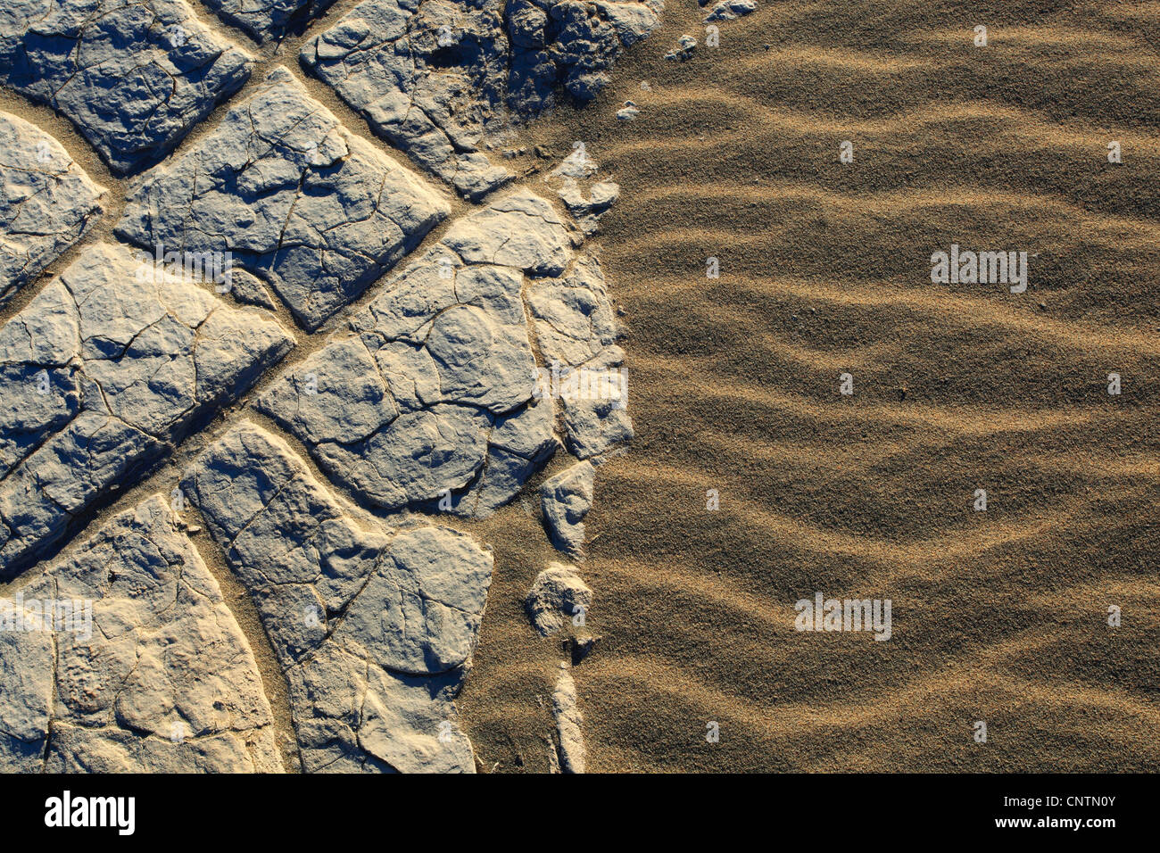 desert sand on clay soil with shrinkage cracks, USA, California, Death ...