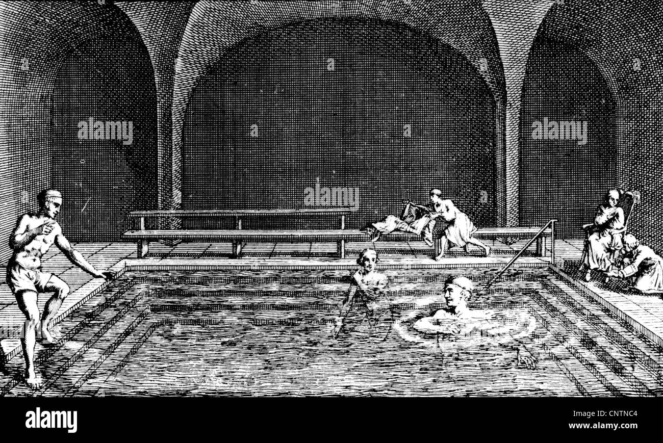 bathing, bathhouse, bathing hall at Aachen, Germany, copper engraving ...