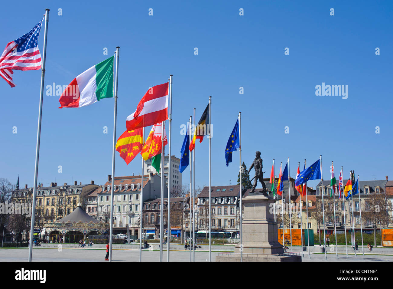 Plaza de la Republique Colmar with flags of the world Stock Photo - Alamy